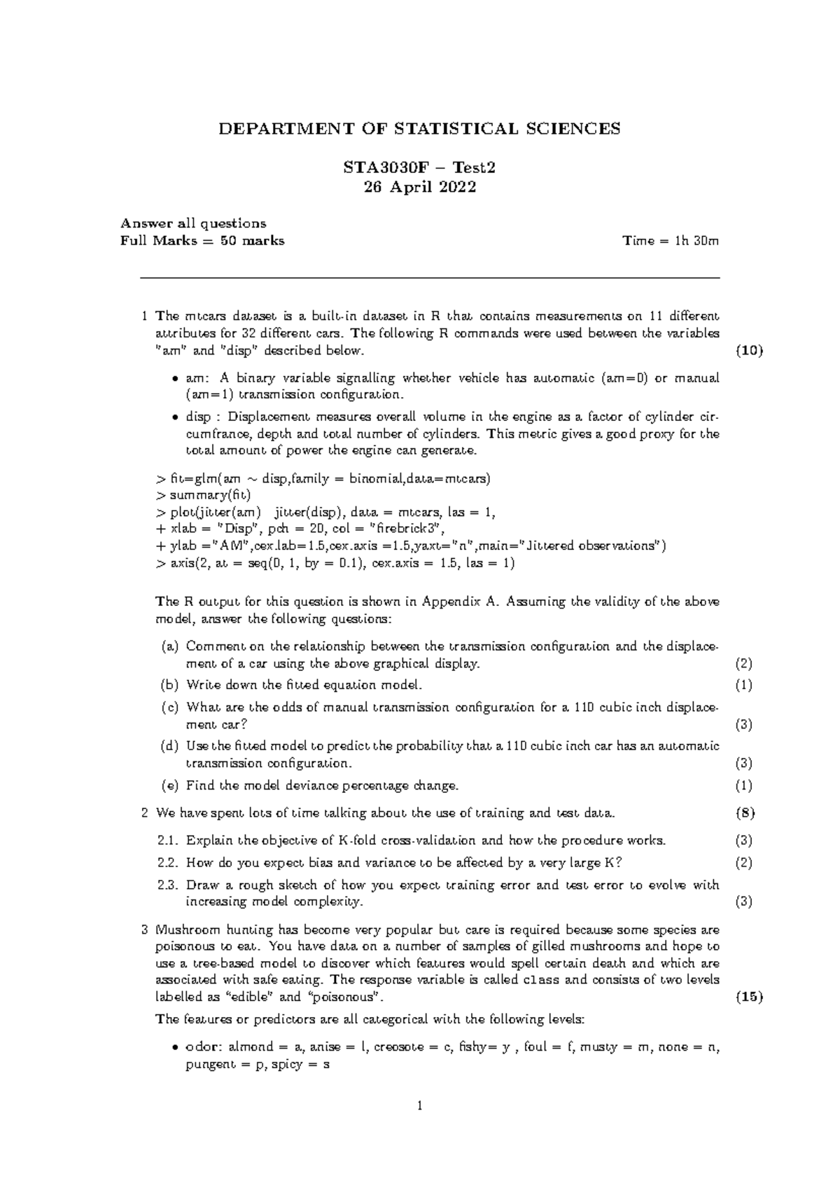 Test2 2022 - DEPARTMENT OF STATISTICAL SCIENCES STA3030F – Test 26 ...
