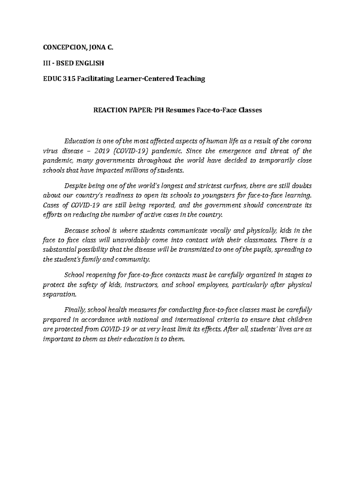 Reaction Paper - ESSAY - CONCEPCION, JONA C. III - BSED ENGLISH EDUC ...