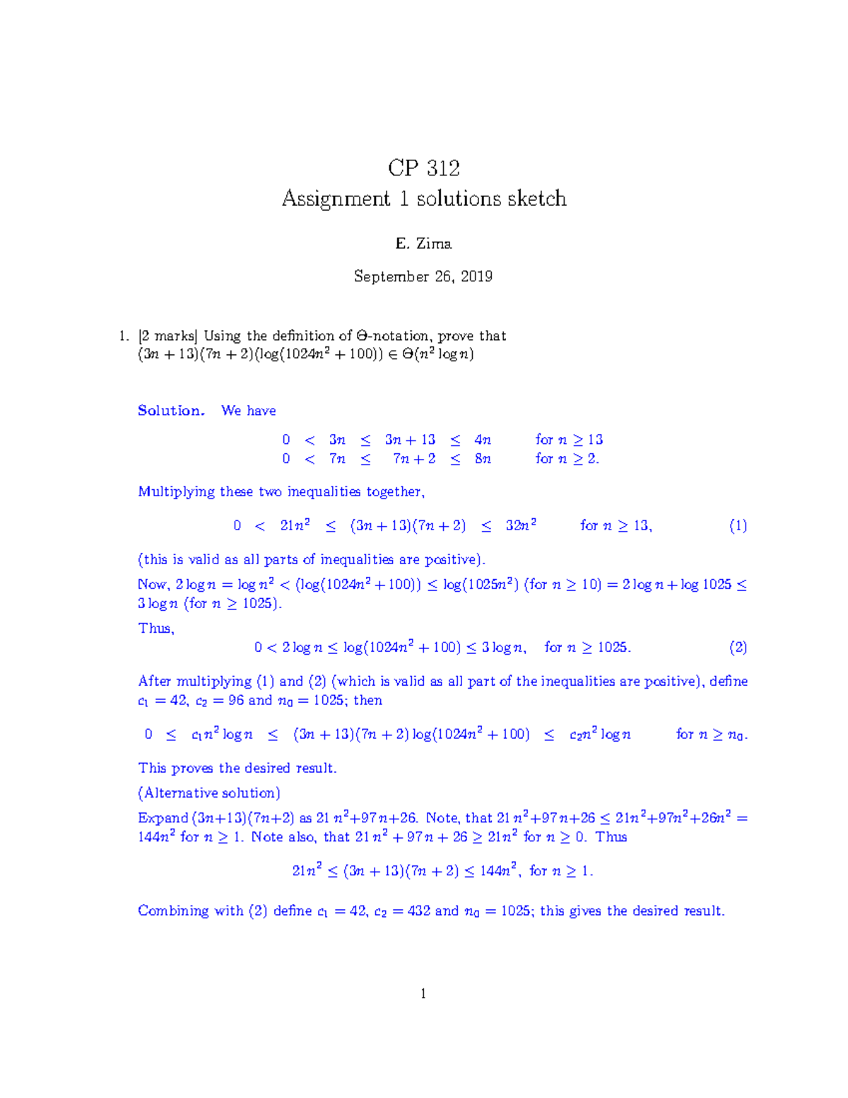 A1 CP312 F019 soln - CP 312 Assignment 1 solutions sketch E. Zima September 26, 2019 [2 marks ...