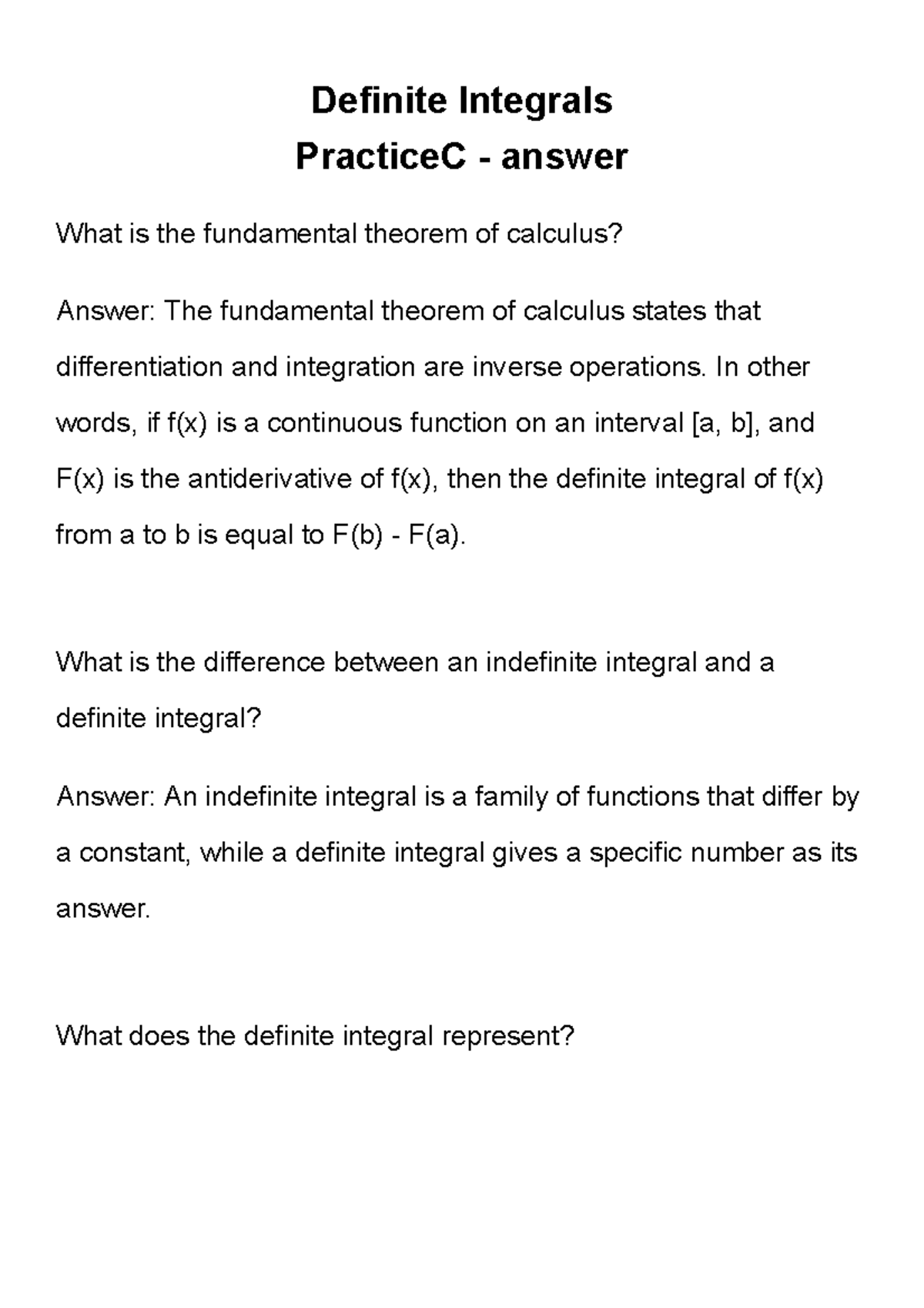 Definite Integrals Practice C - answer - Definite Integrals PracticeC ...