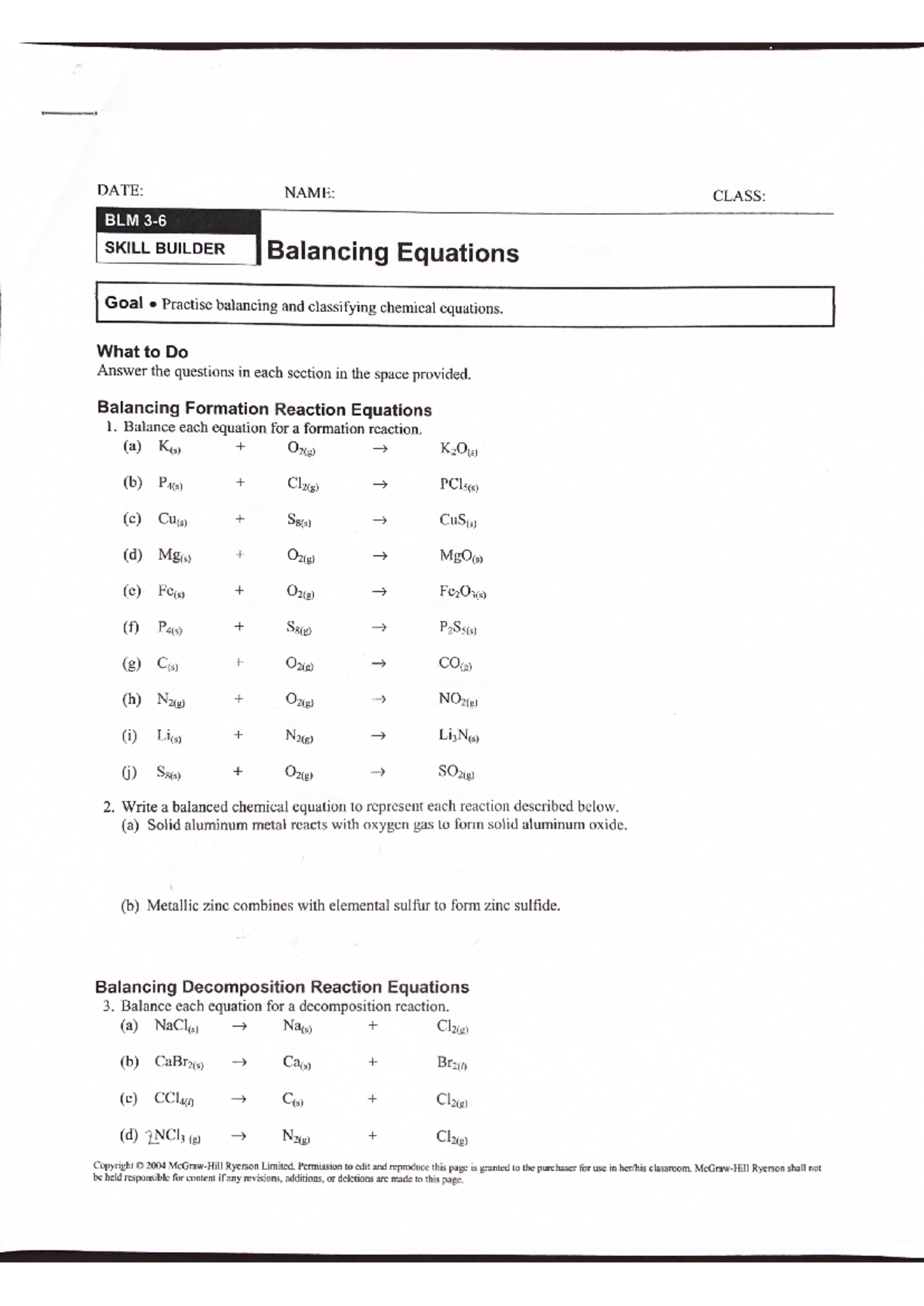 Chemistry 10 Balancing Equation #2 - DATE: NAME: CLASS: BLM SKILL ...