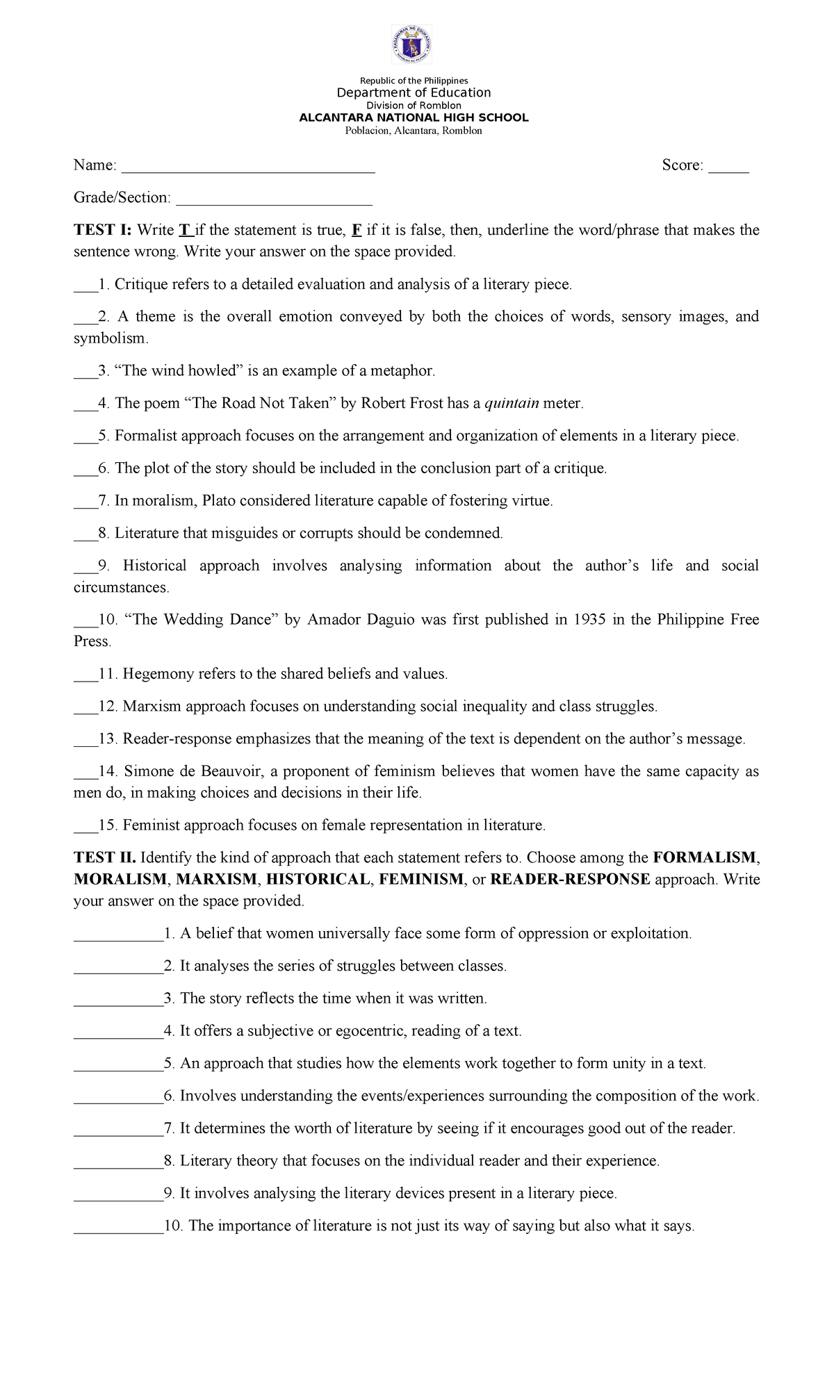 Module FOR Grade 10 - Republic of the Philippines Department of ...