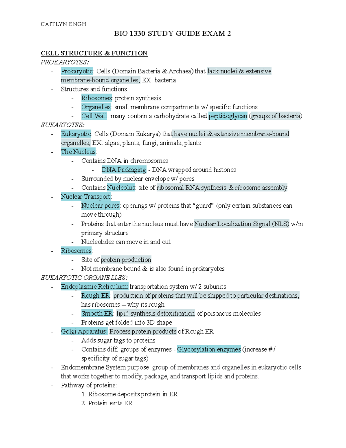 BIO1330 Studyguide 2 - Study guide for Exam 2 of BIO 1330 - CAITLYN ...