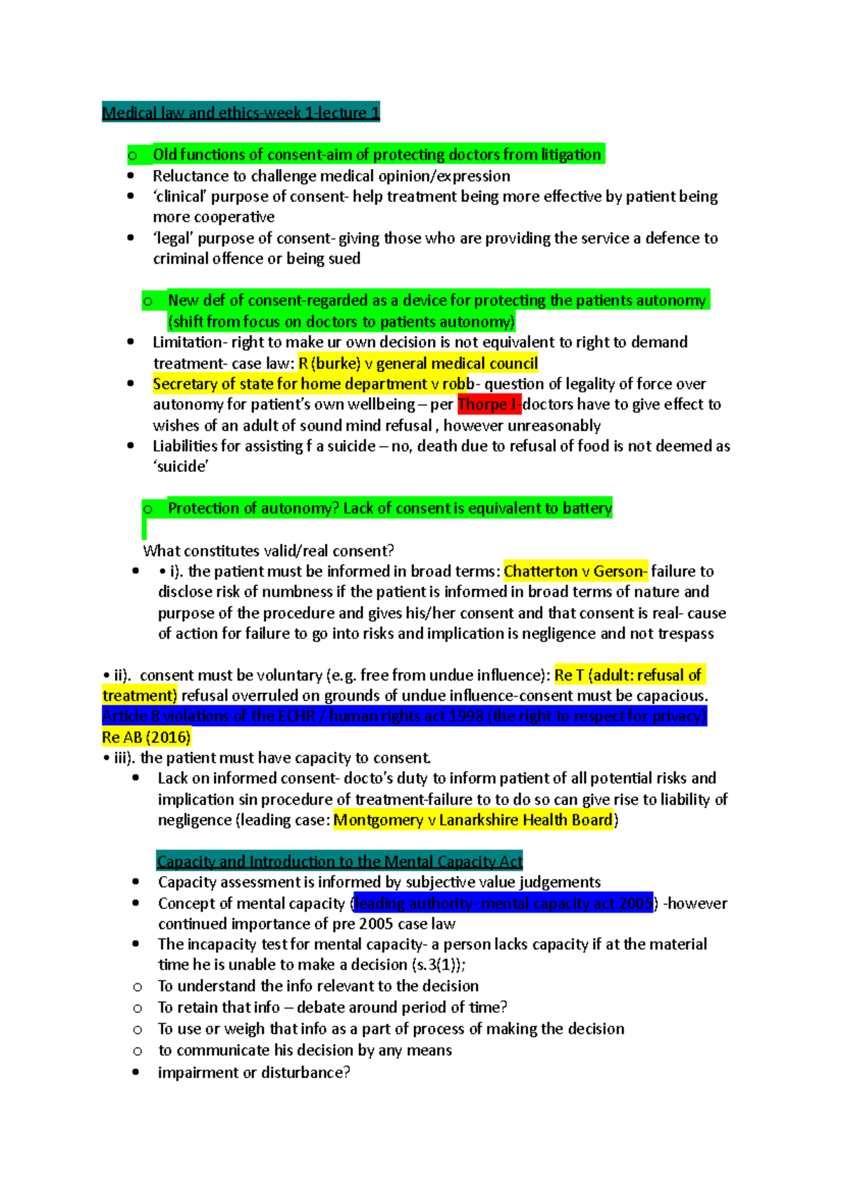 Medical law and ethics week 1 lecture 1 consent and capacity - Medical ...