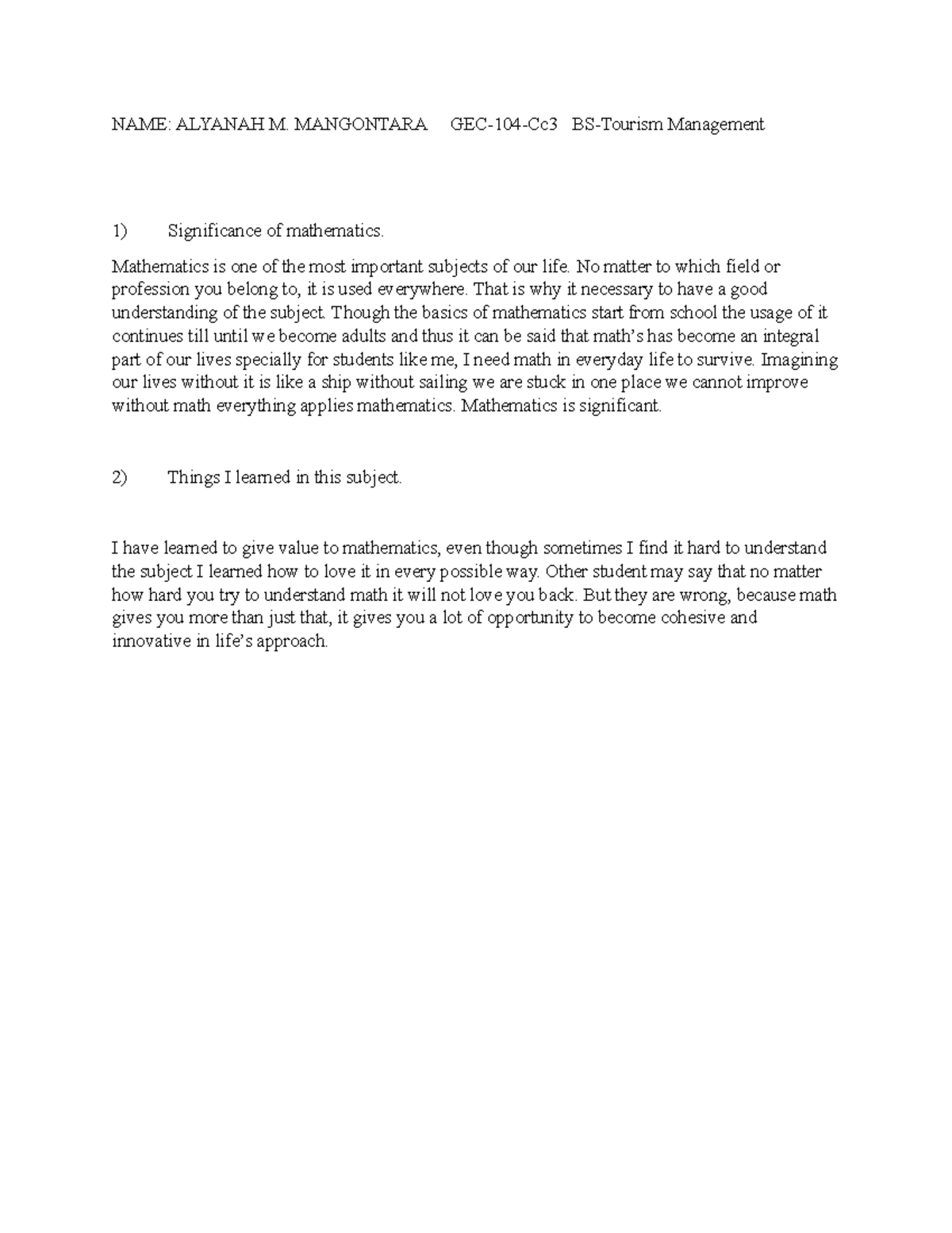 Significance of Mathematics - NAME: ALYANAH M. MANGONTARA GEC-104-Cc3 ...