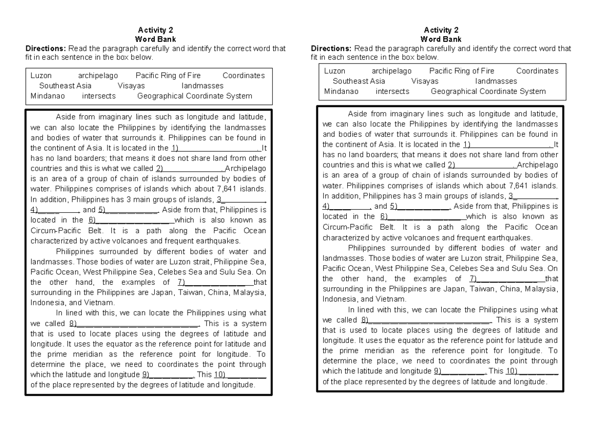 Activity 2- WORD BANK - Coordinating System - Activity 2 Word Bank ...