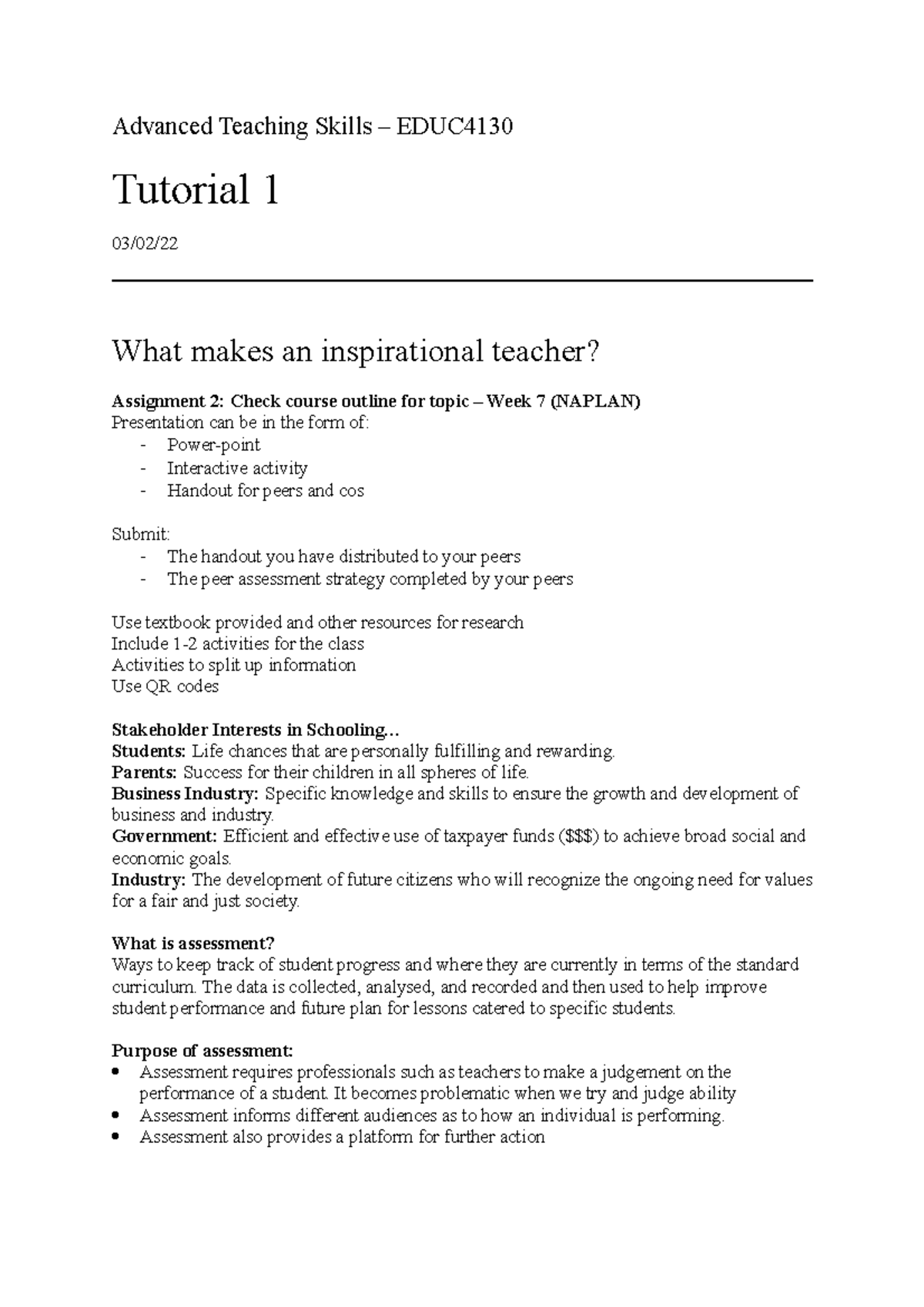 Advance Tutorial Notes - Advanced Teaching Skills – EDUC Tutorial 1 03 ...