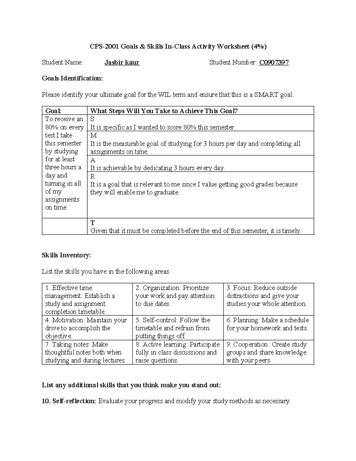 CPS 2001 - Goals and Skills Activity Worksheet - CPS-2001 Goals ...