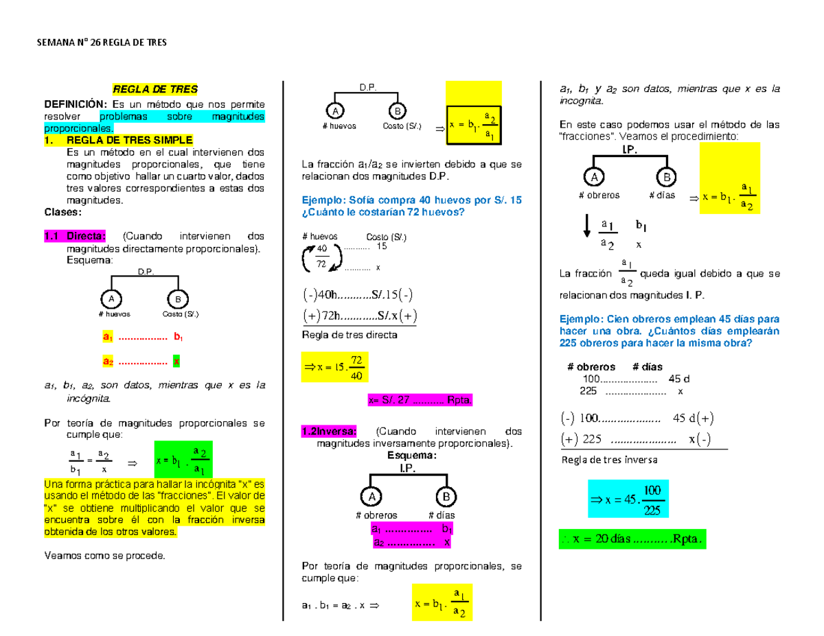 Regla DE TRES Simple Directa E Inversa Primero - SEMANA N∞ 26 REGLA DE ...