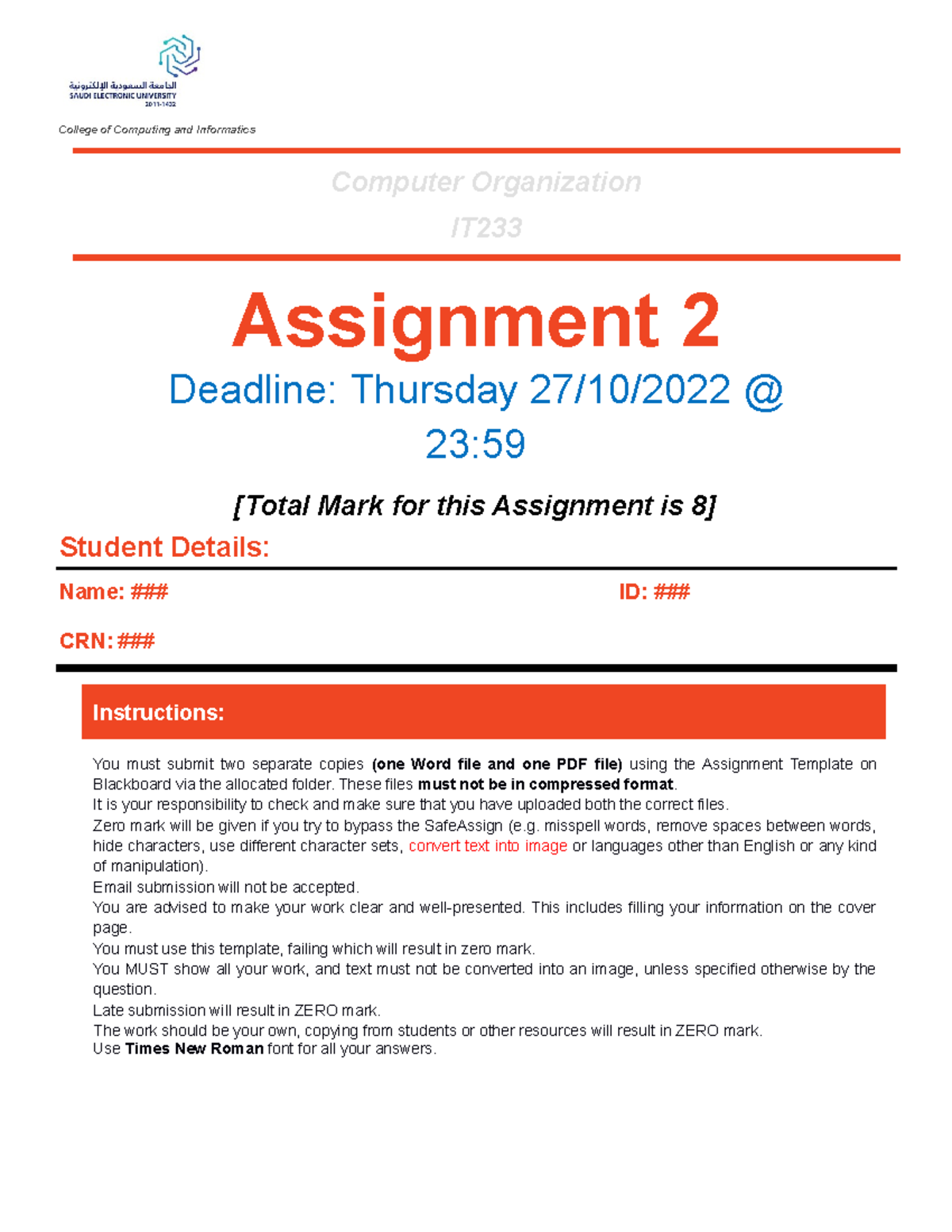 IT233 Assignment 2 Questions - College of Computing and Informatics Instructions: You must ...