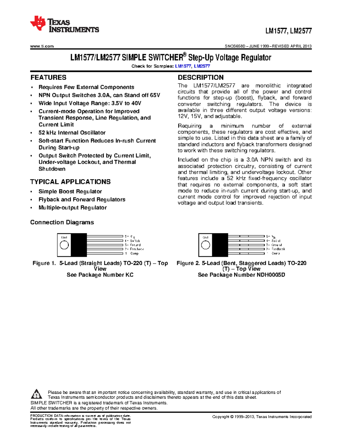 Lm2577 - datasheet - ti SNOS658D – JUNE 1999 – REVISED APRIL 2013 ...