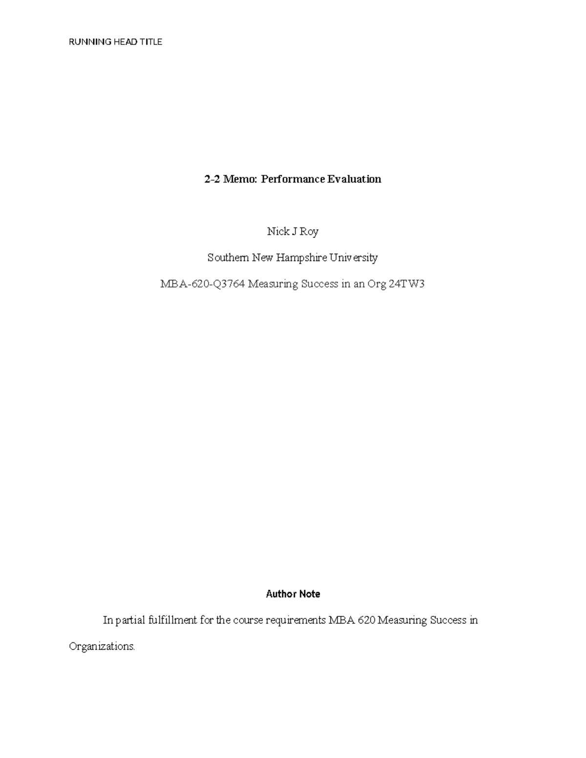 2-2 Memo Performance Evaluation - RUNNING HEAD TITLE 2-2 Memo ...