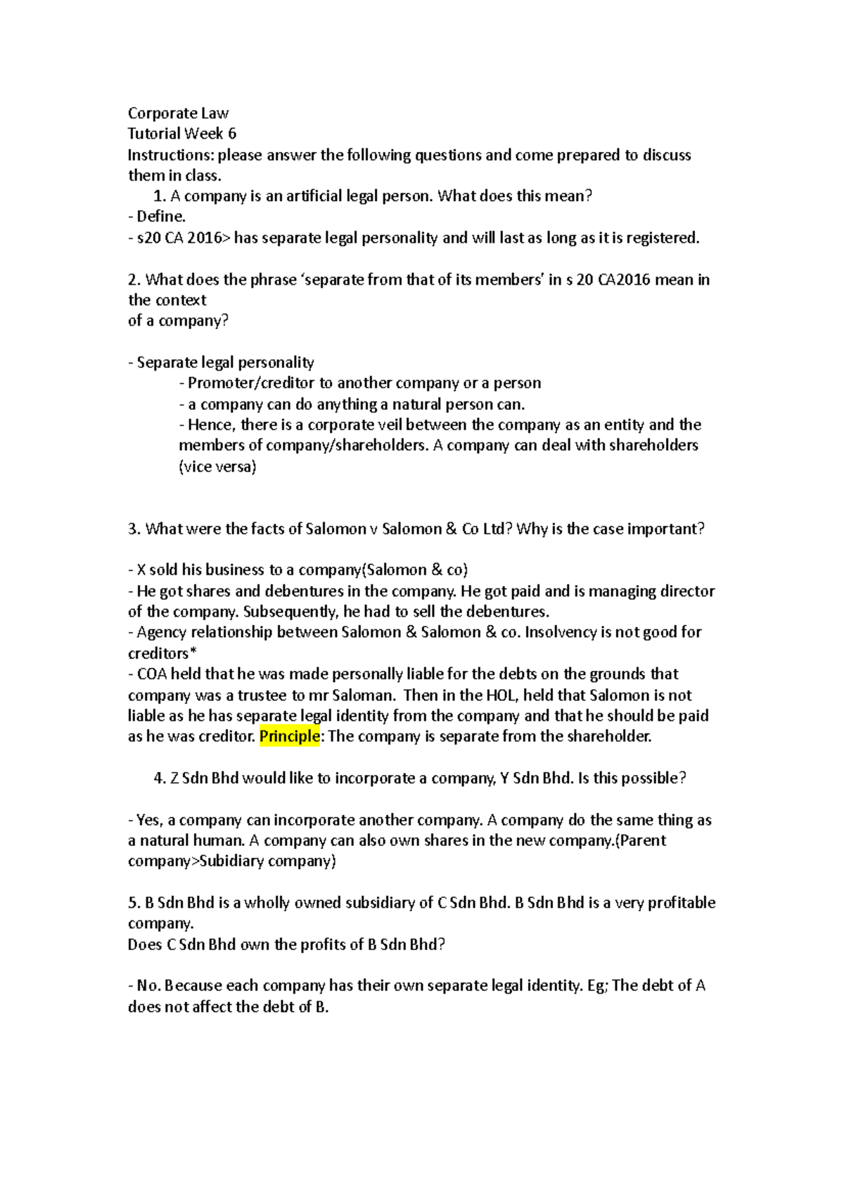 Corporate Law tutorial notes - Corporate Law Tutorial Week 6 ...