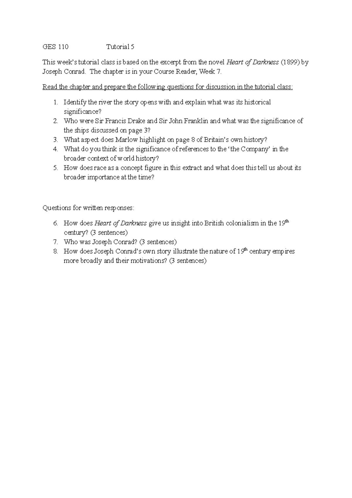 GES 110 Tutorial 5 Discussion and Response Questions - GES 110 Tutorial 5 This week’s tutorial ...