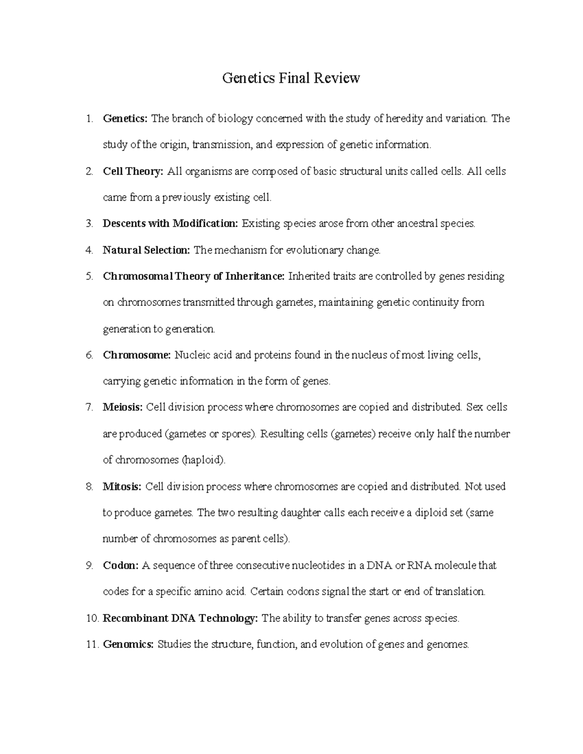 Genetics Final Review - Notes - Genetics Final Review Genetics: The ...