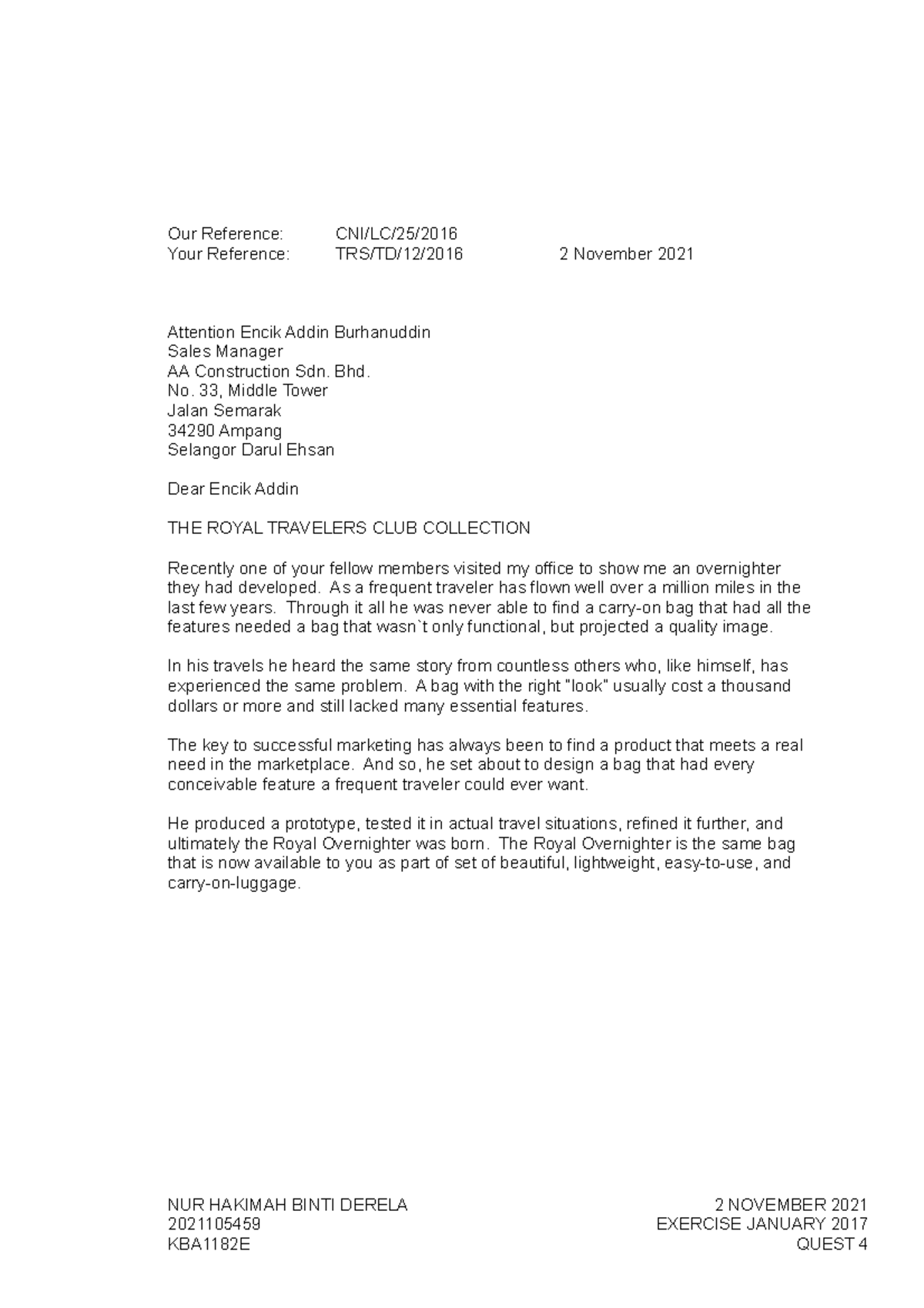 BUS Letter January 2017 (NUR Hakimah) - Our Reference: CNI/LC/25/ Your ...