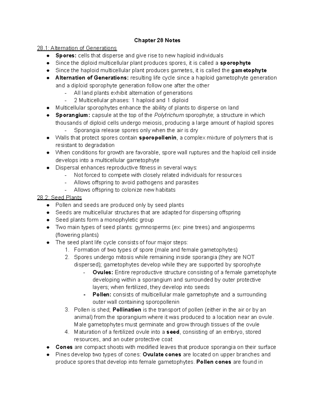 Biology 1108 Chapter 28 Notes - Chapter 28 Notes 28: Alternation of ...