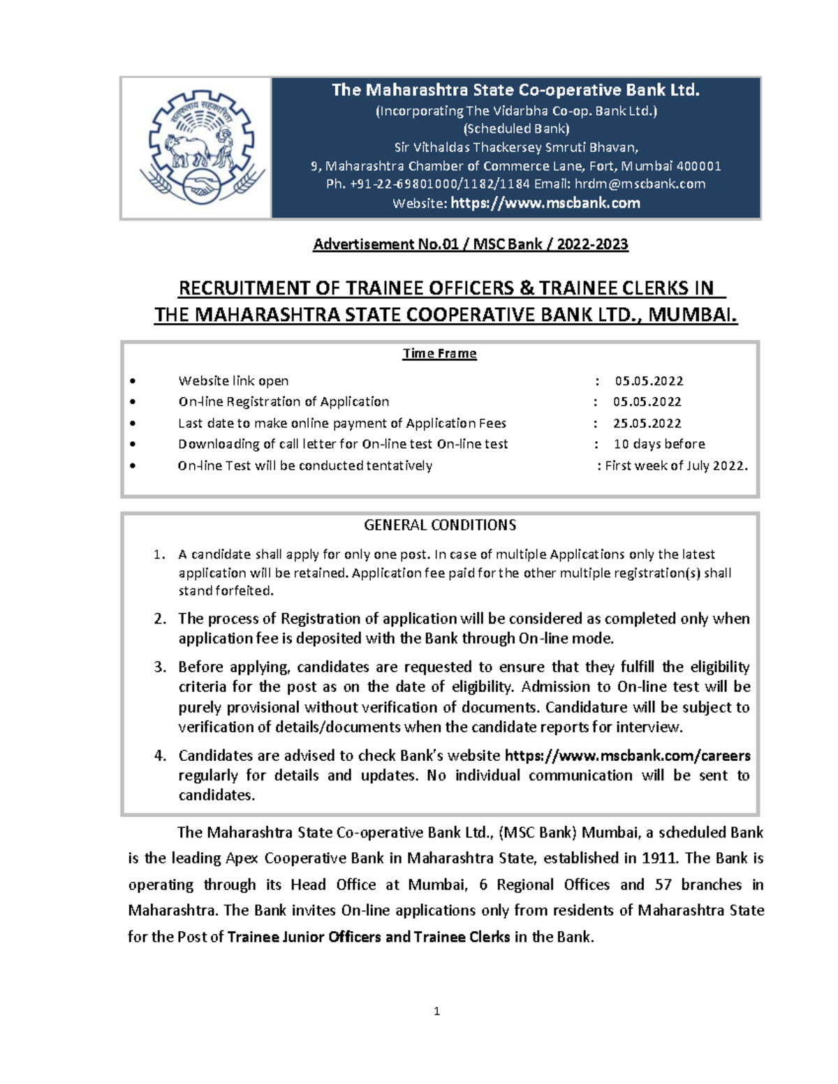MSC Bank Recruitment 2022 Notification 1 - The Maharashtra State Co ...