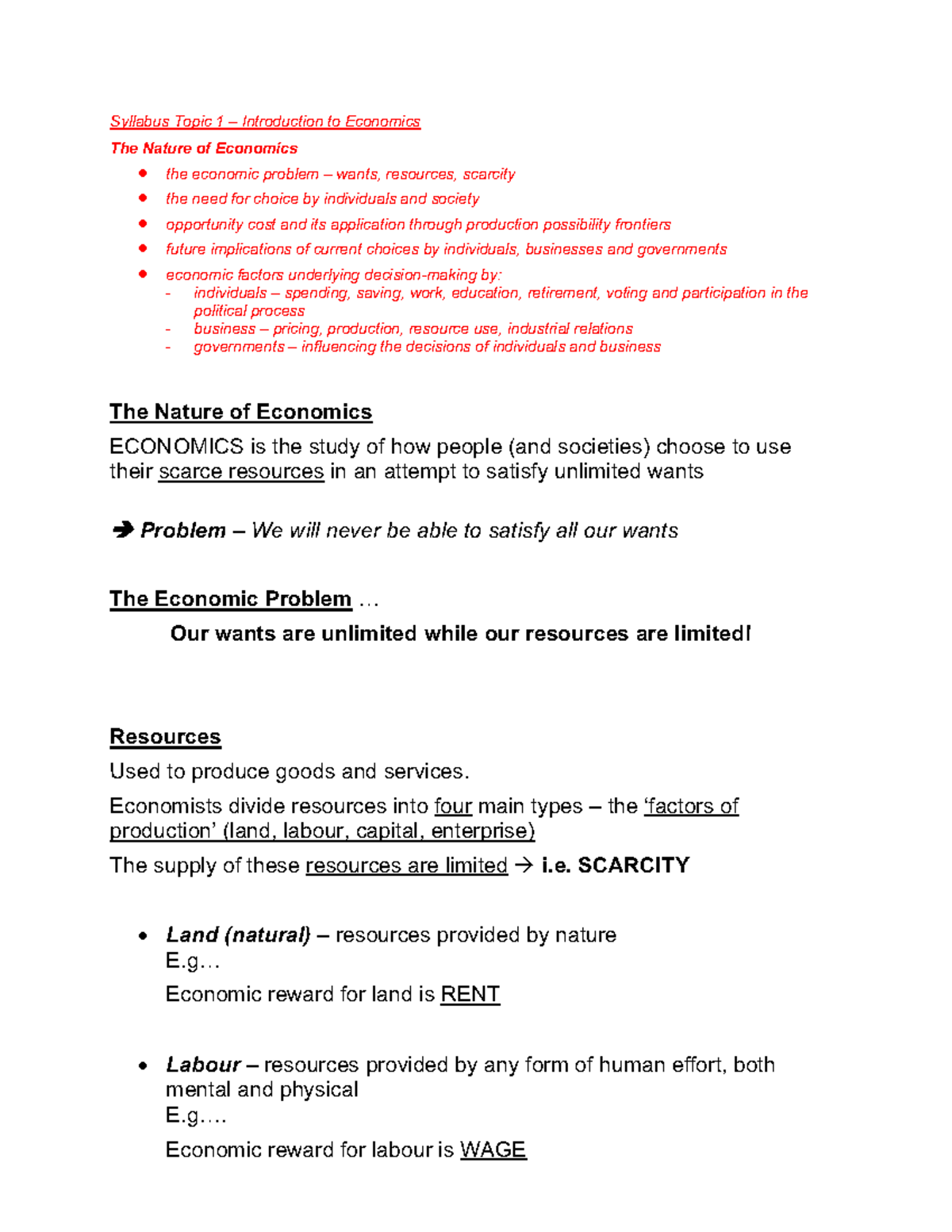 1. The Nature of Economics - Syllabus Topic 1 – Introduction to ...
