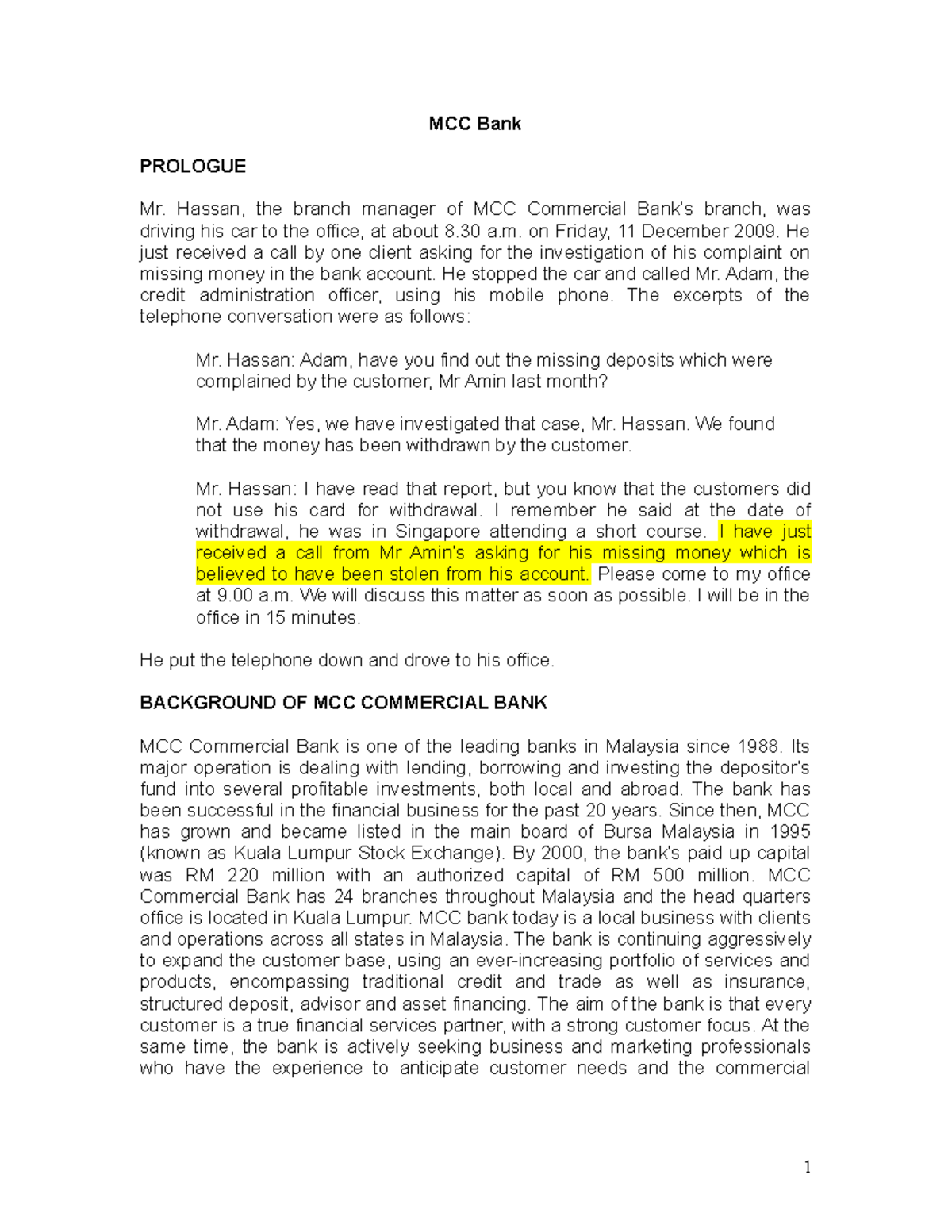 CASE stucy on MCC BANK - MCC Bank PROLOGUE Mr. Hassan, the branch ...