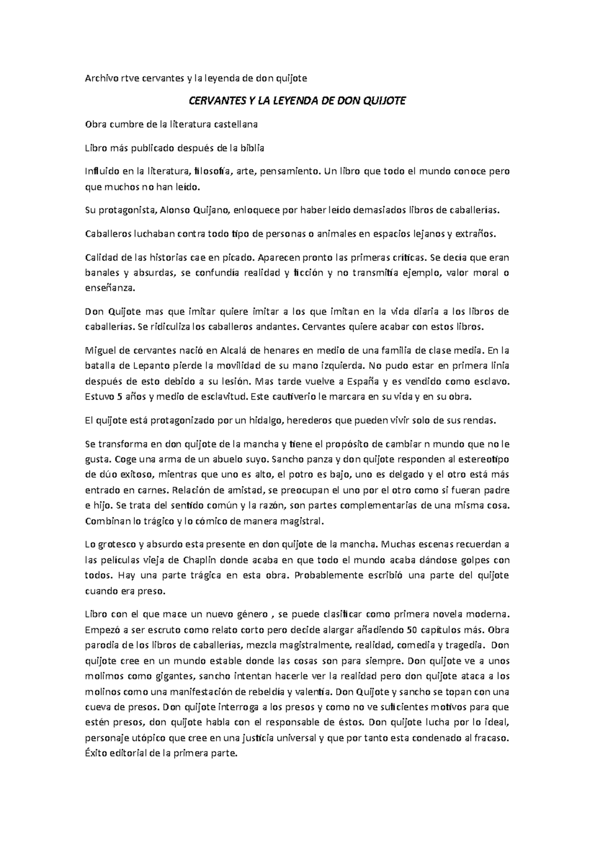Apuntes don quijote de la mancha - Archivo rtve cervantes y la leyenda ...