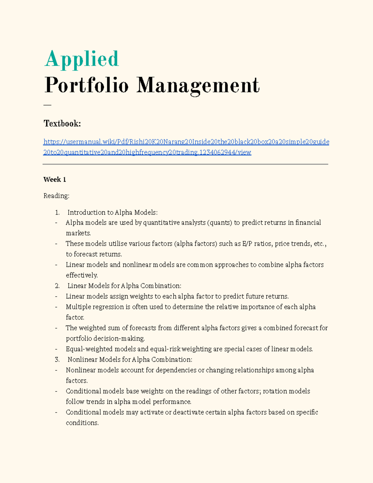 Class notes - week 1-6 - Applied Portfolio Management ___ Textbook ...