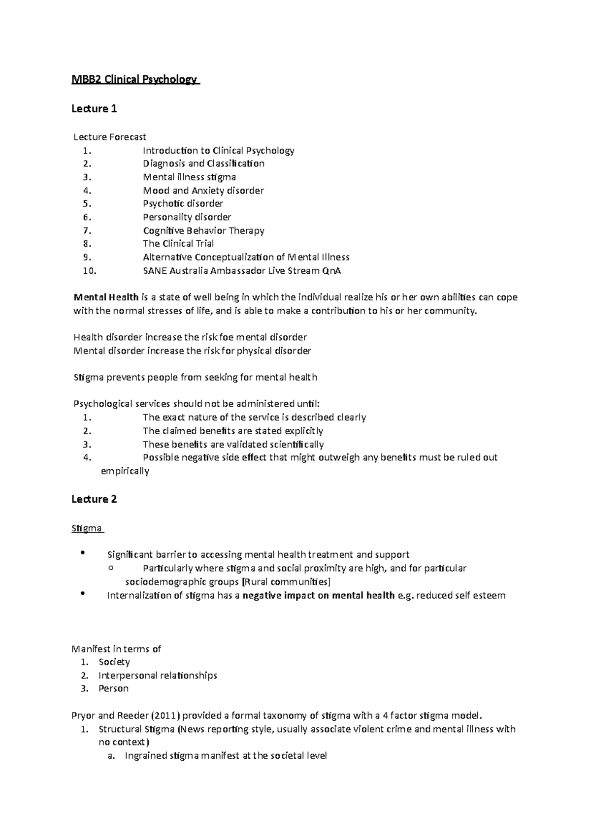 MBB2 Clinical Psychology Full Notes - MBB2 Clinical Psychology Lecture ...