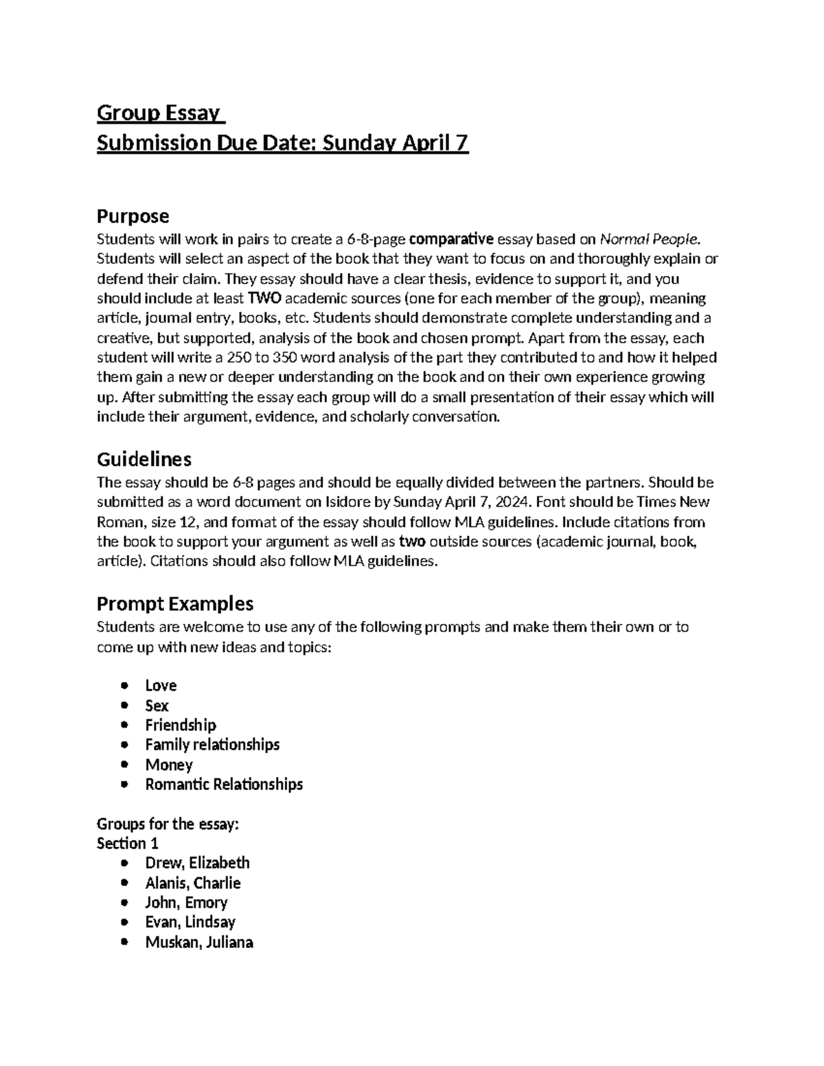 Assignment sheet group project engl 200 - Group Essay Submission Due ...