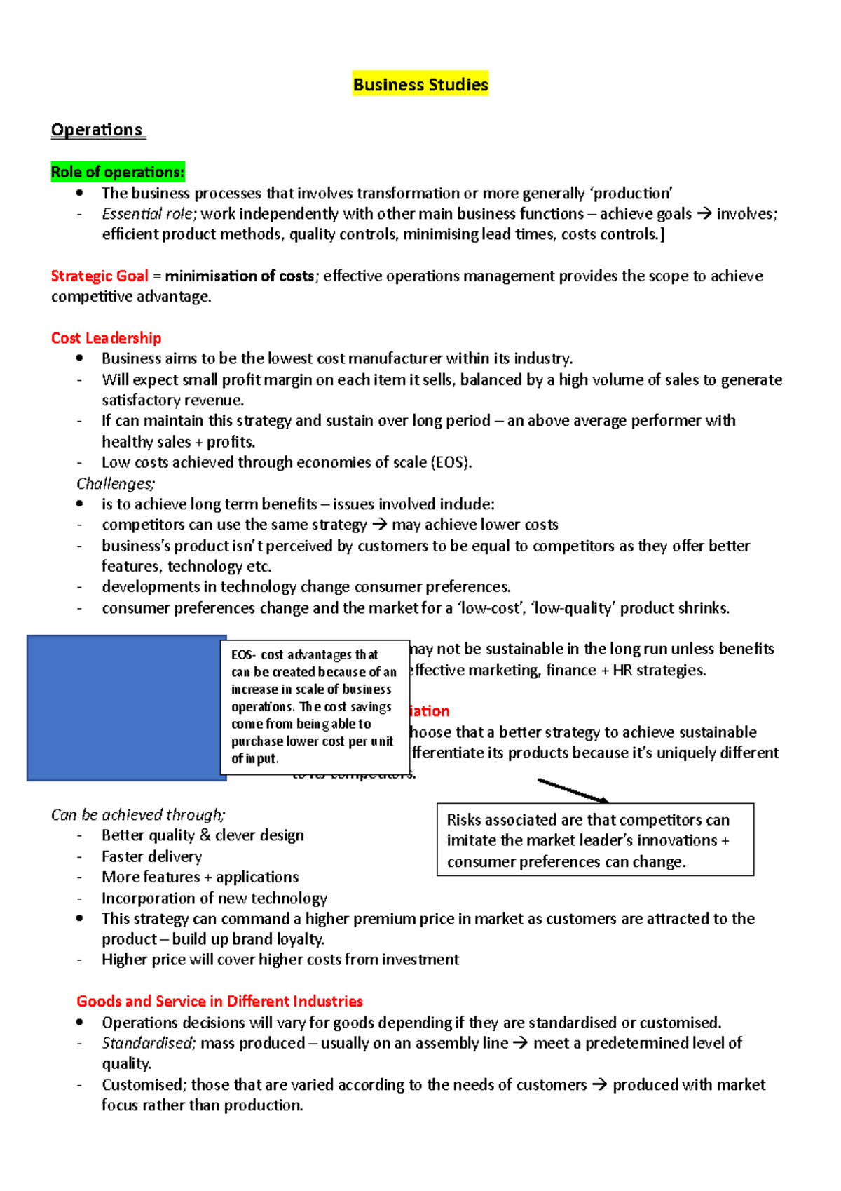 Operations notes - Business Studies Operations Role of operations: The ...