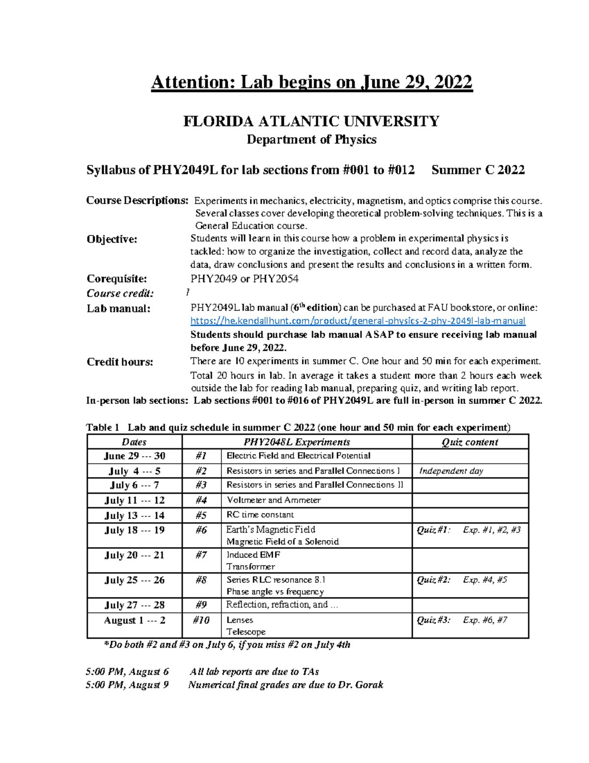 PHY2049L Lab Syllabus and Schedule - Studocu