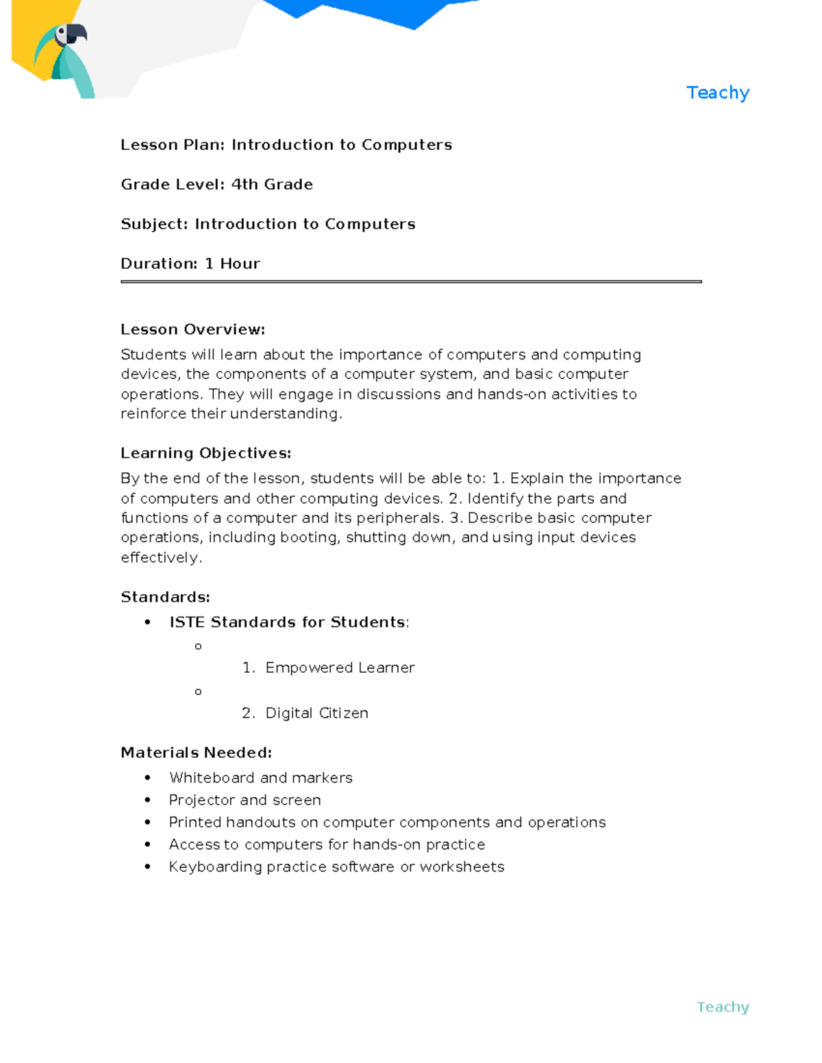Electives - 8 30 2024 - gfhj - Teachy Lesson Plan: Introduction to Computers Grade Level: 4th ...