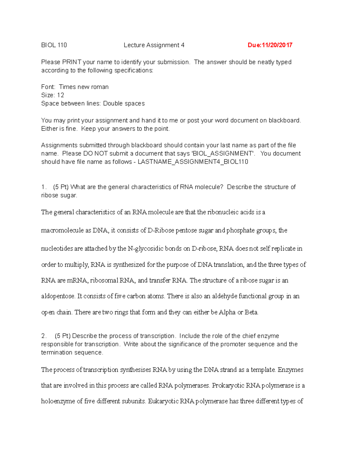 Lecture Assignment 4 - BIOL 110 Lecture Assignment 4 Due:11/20/2017 Please PRINT your name to ...