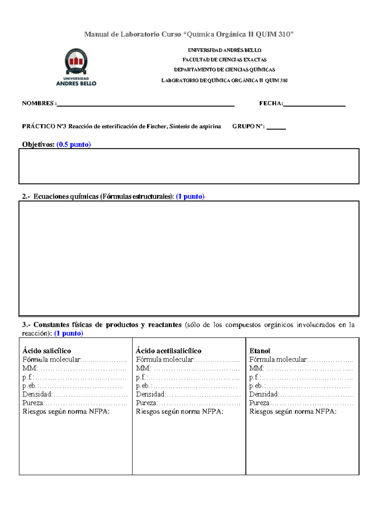 Informe N3 Reaccion De Esterificacion De Fischer Quim310 Manual De