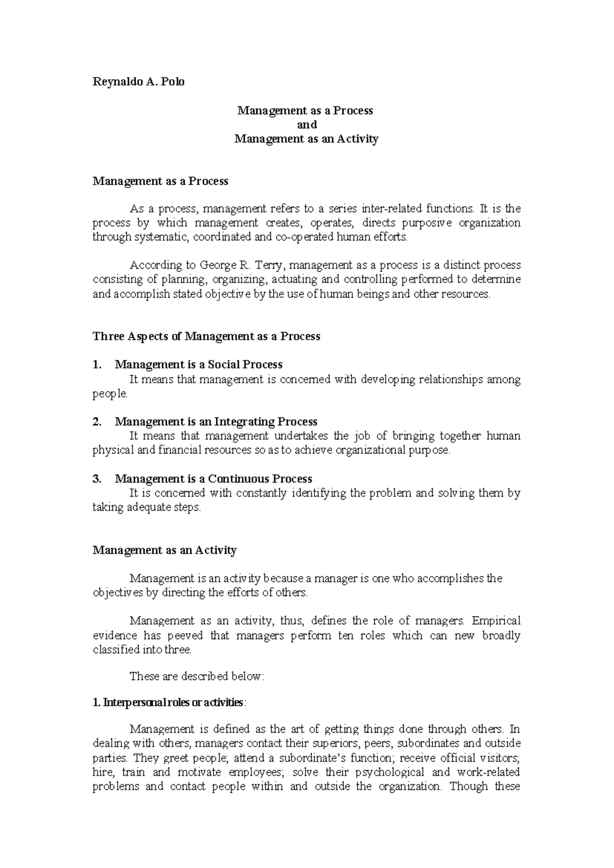 Polo - Topic - Summary on Management Profession - Reynaldo A. Polo ...
