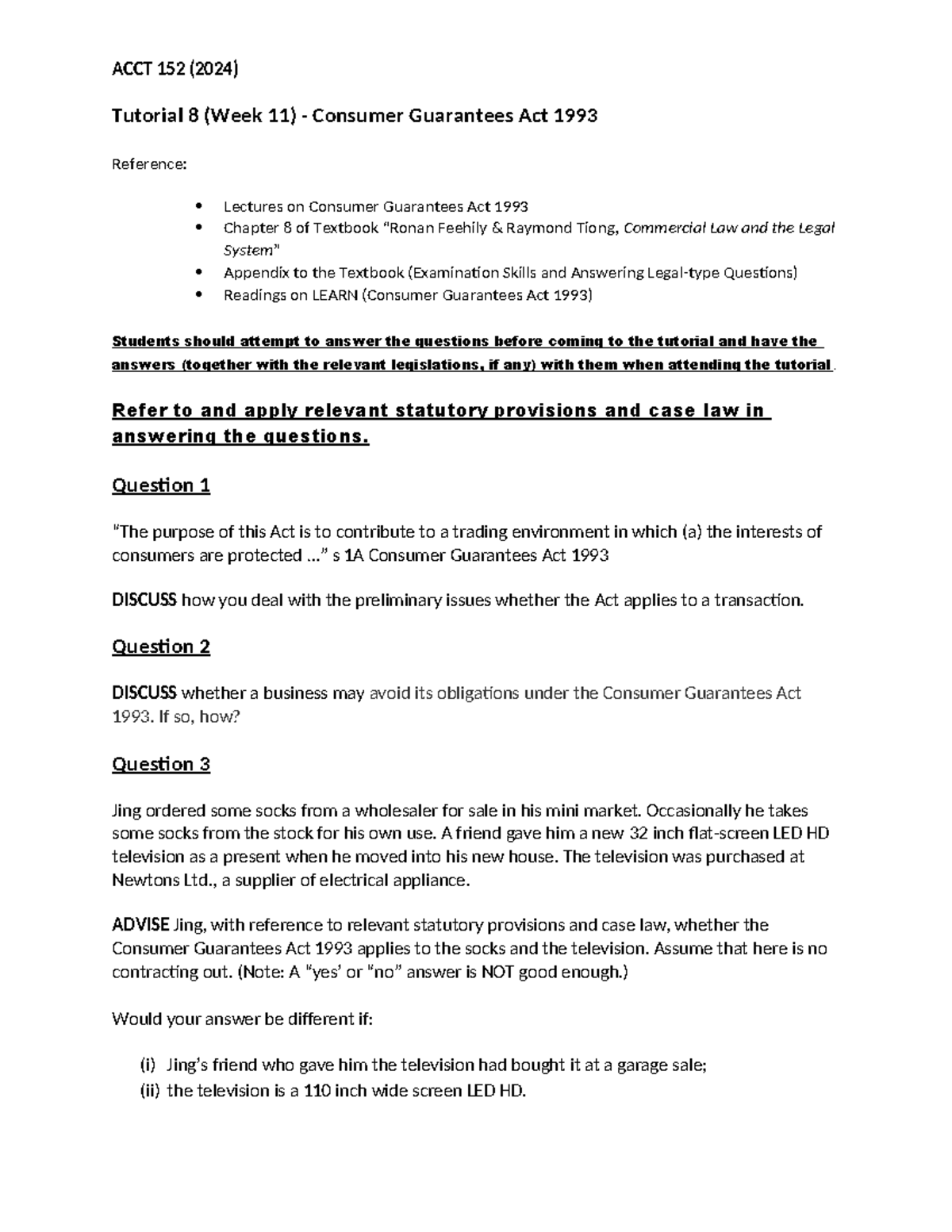 01 Tutorial 8 (Week 11) (2024) Qs - ACCT 152 (2024) Tutorial 8 (Week 11 ...