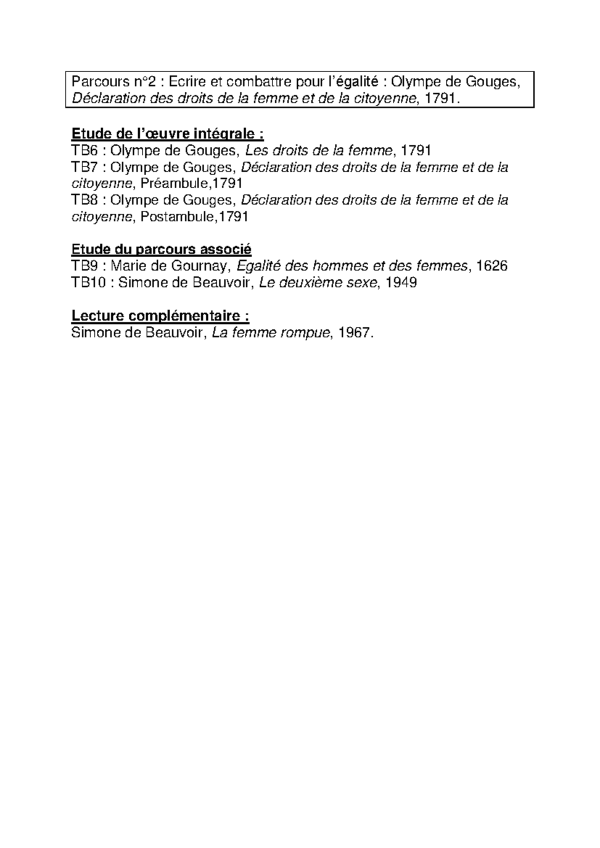 4) Parcours n°2 Ecrire et combattre pour l'égalité Olympes de Gouges - Parcours n°2 : Ecrire et ...