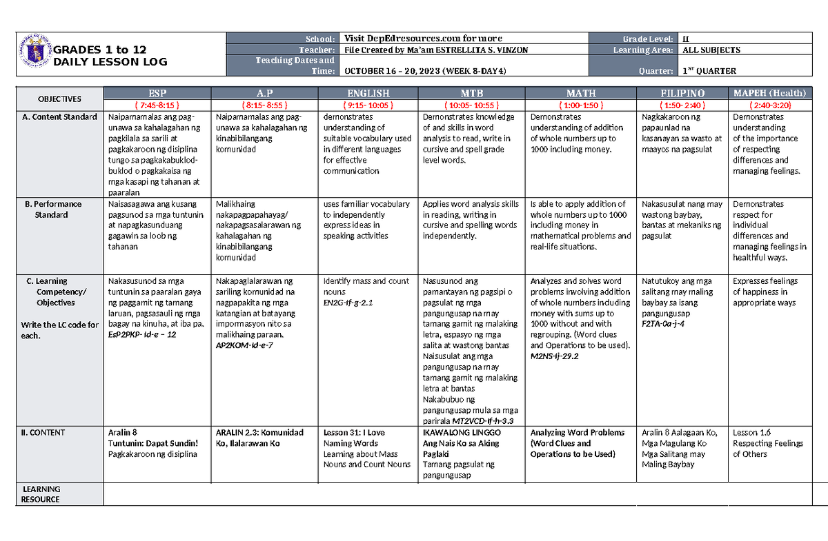 DLL ALL Subjects 2 Q1 W8 D4 - GRADES 1 to 12 DAILY LESSON LOG School: Visit DepEdresources for ...