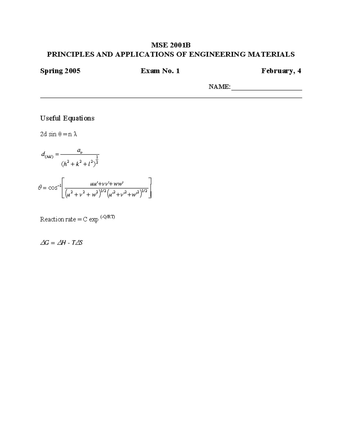 EXAM1- ch1-4 -Solutions-spring 2005 - MSE 2001B PRINCIPLES AND APPLICATIONS OF ENGINEERING ...