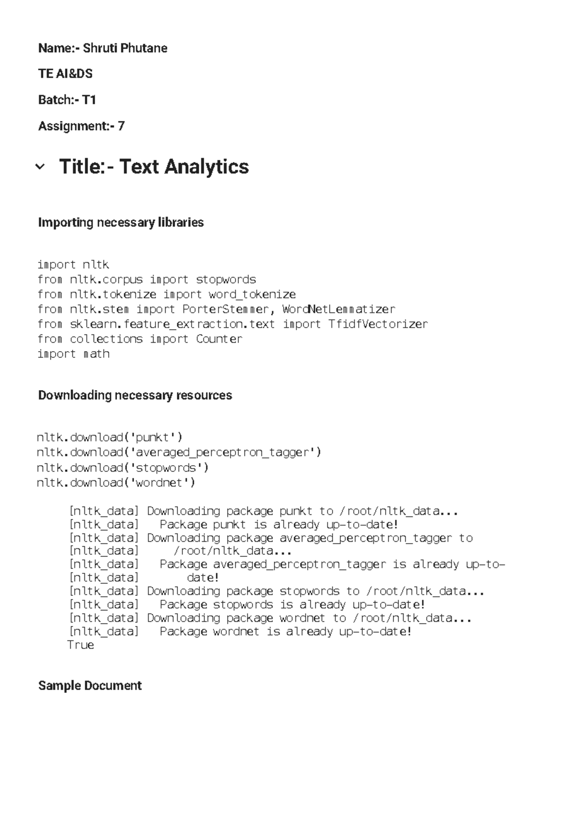 DS Assi7 - Text Analysis practical - import math nltk('wordnet') Name:- Shruti Phutane TE AI&DS ...