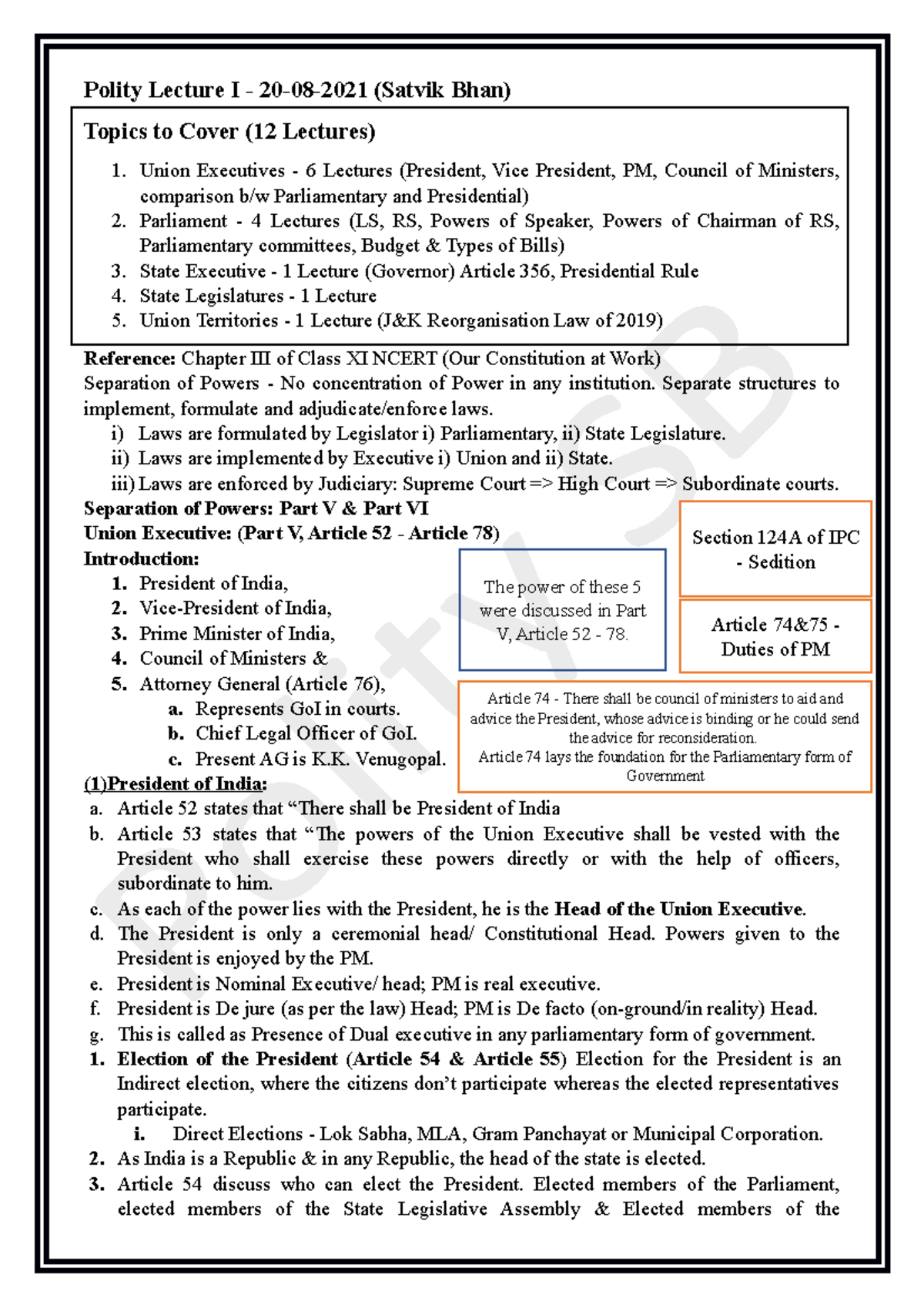 Polity SB Lecture - Polity Lecture I - 20-08-2021 (Satvik Bhan) Topics ...