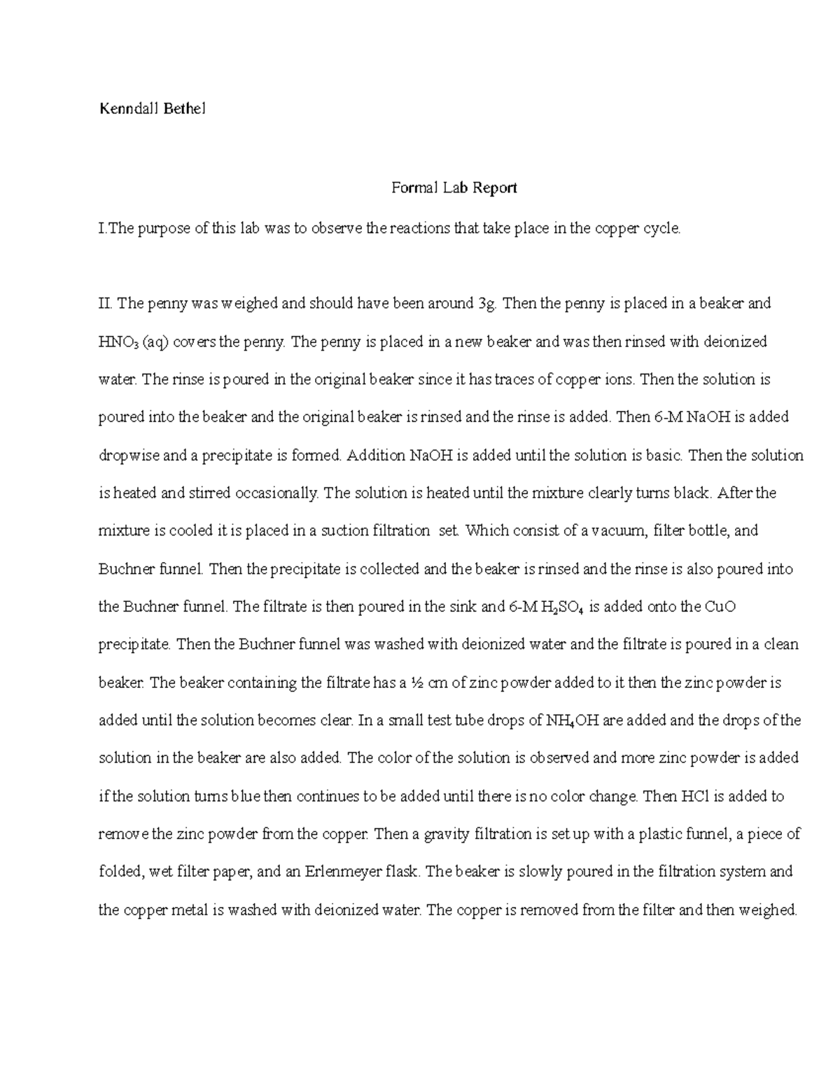 Copper cycle lab report - Kenndall Bethel Formal Lab Report I purpose ...