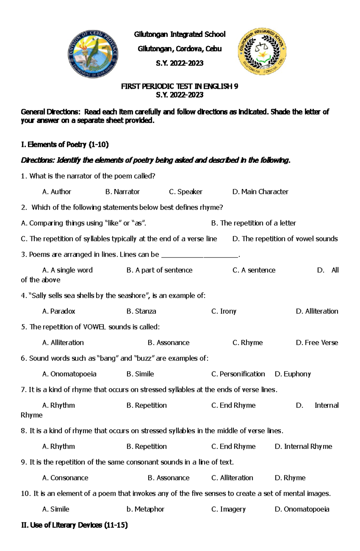 English 9 First QE - 1st quarter exams - Gilutongan Integrated School ...