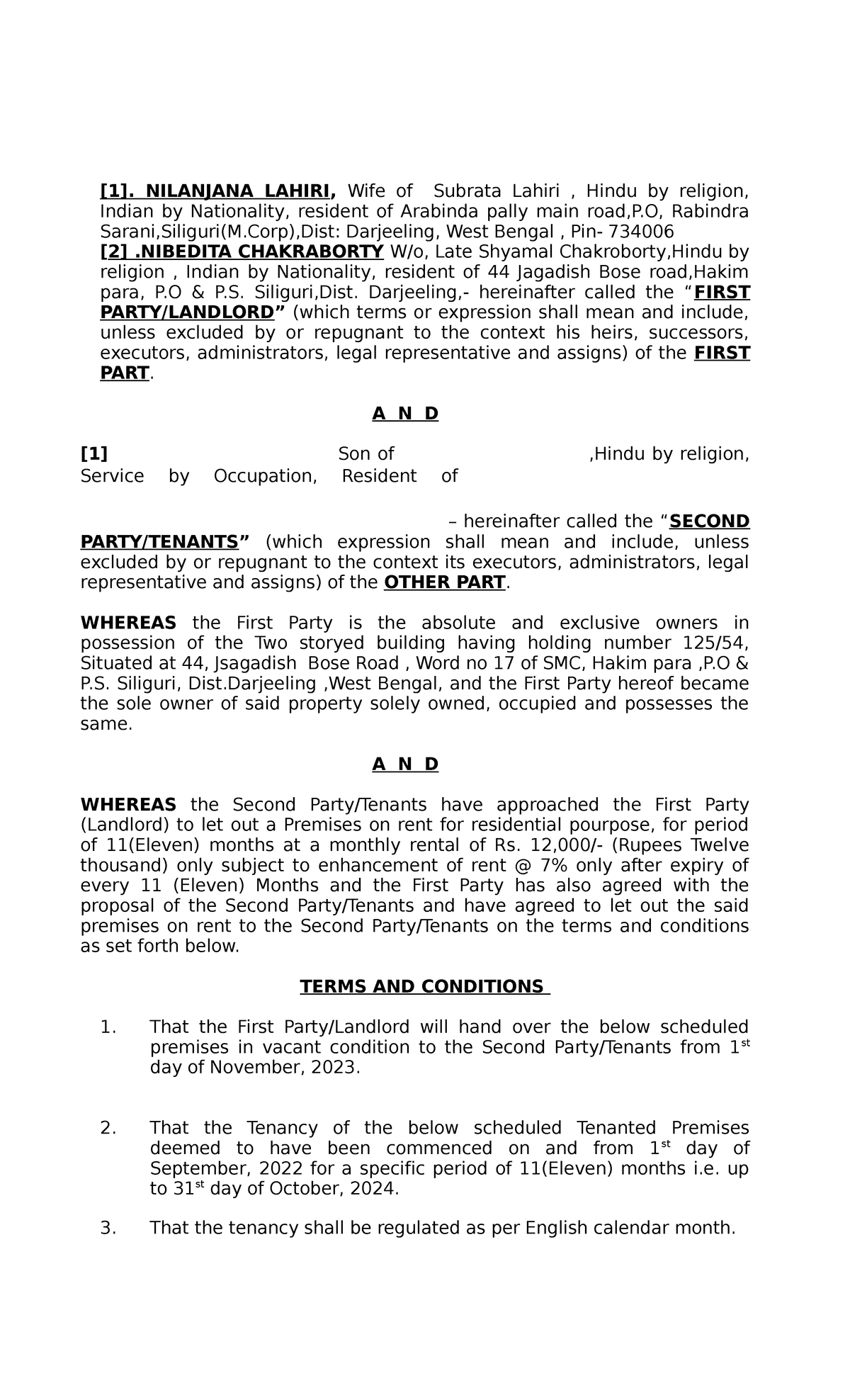 Tenancy agreement rana sir - [1]. NILANJANA LAHIRI, Wife of Subrata ...