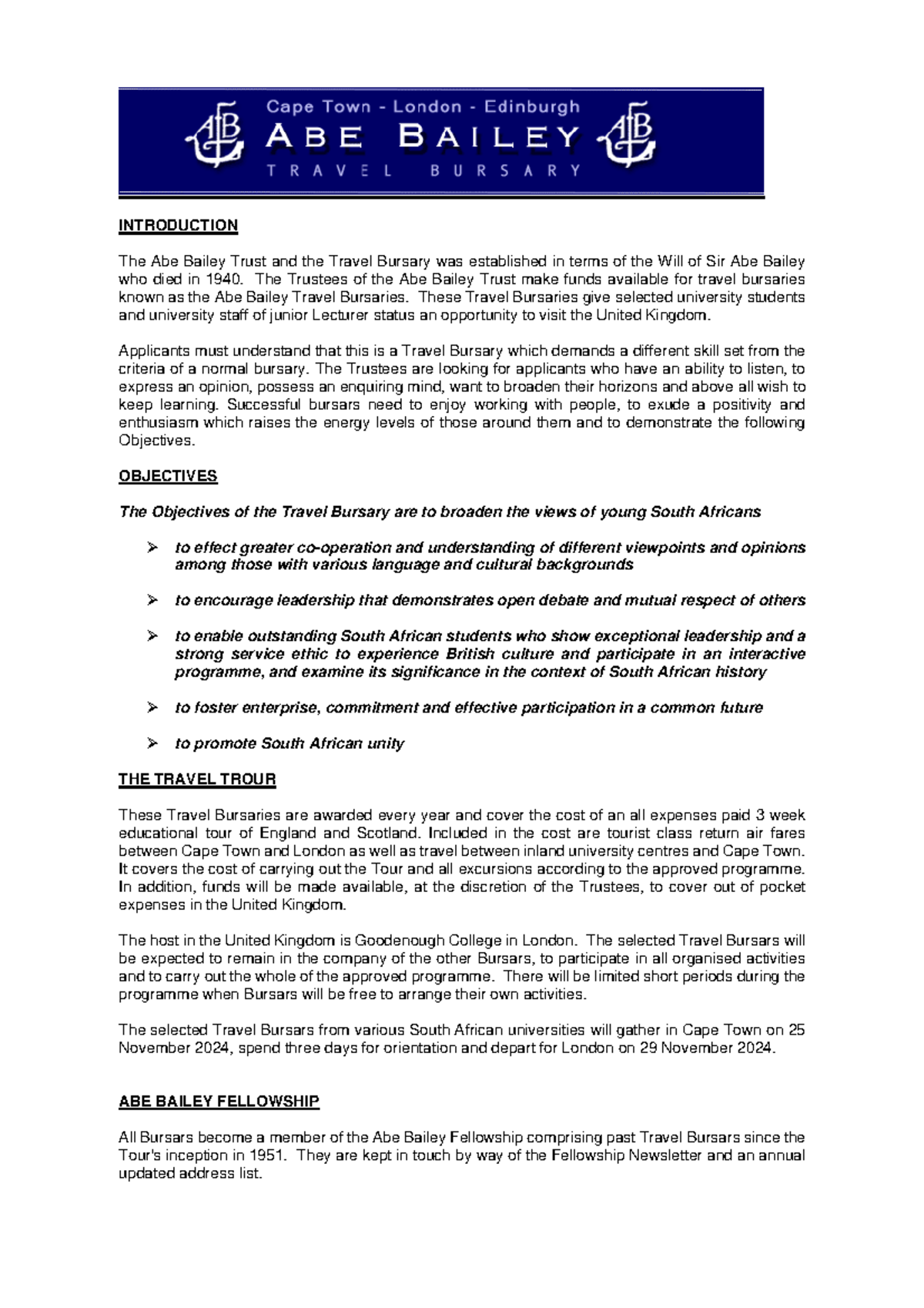 Abe Bailey Travel Tour Objectives - 2024 - INTRODUCTION The Abe Bailey ...