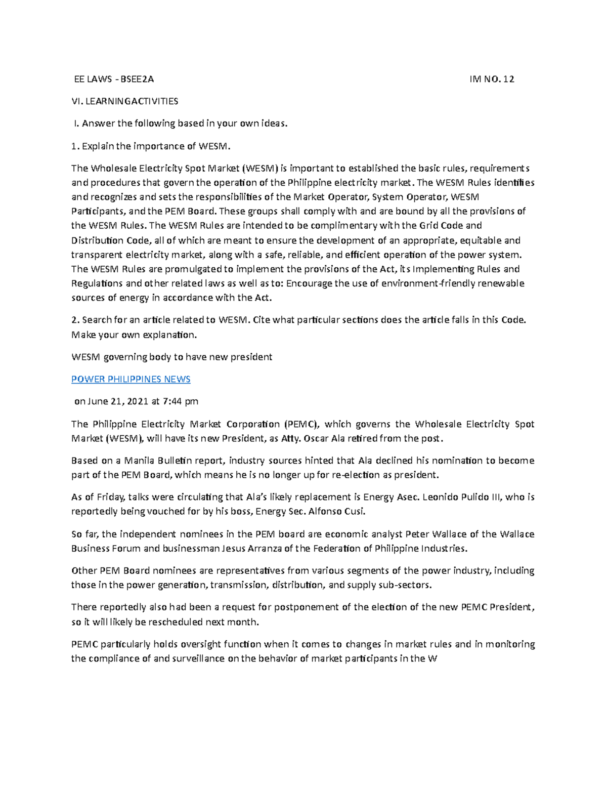 EE LAWS L.A. AND ASS. IM NO. 12 - EE LAWS - BSEE2A IM NO. 12 VI ...