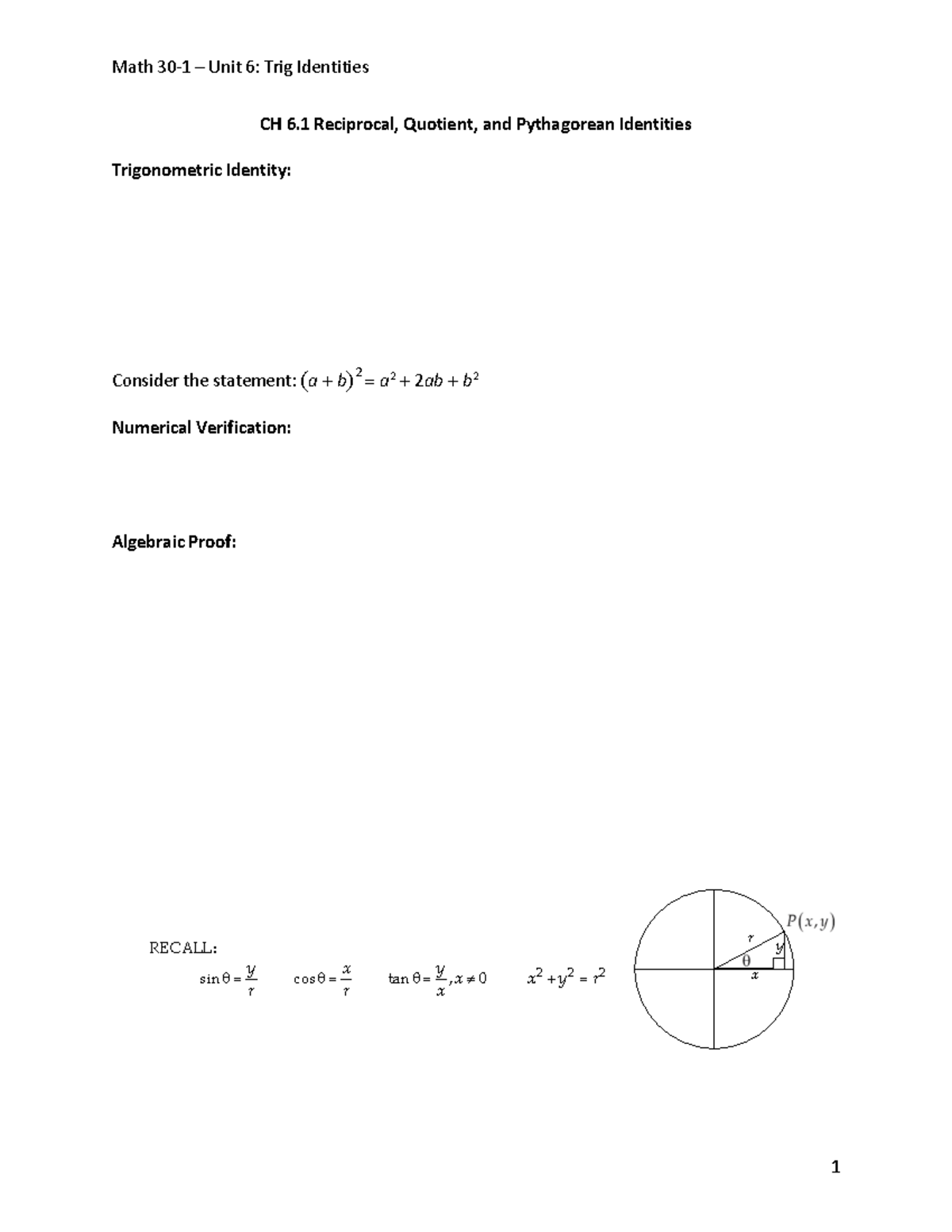 Unit 6 Blank Notes - Trig Identities (Ch. 6) - CH 6 Reciprocal ...