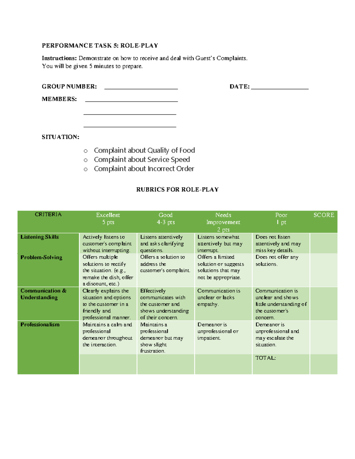 Rubrics FOR ROLE PLAY - PERFORMANCE TASK 5: ROLE-PLAY Instructions ...