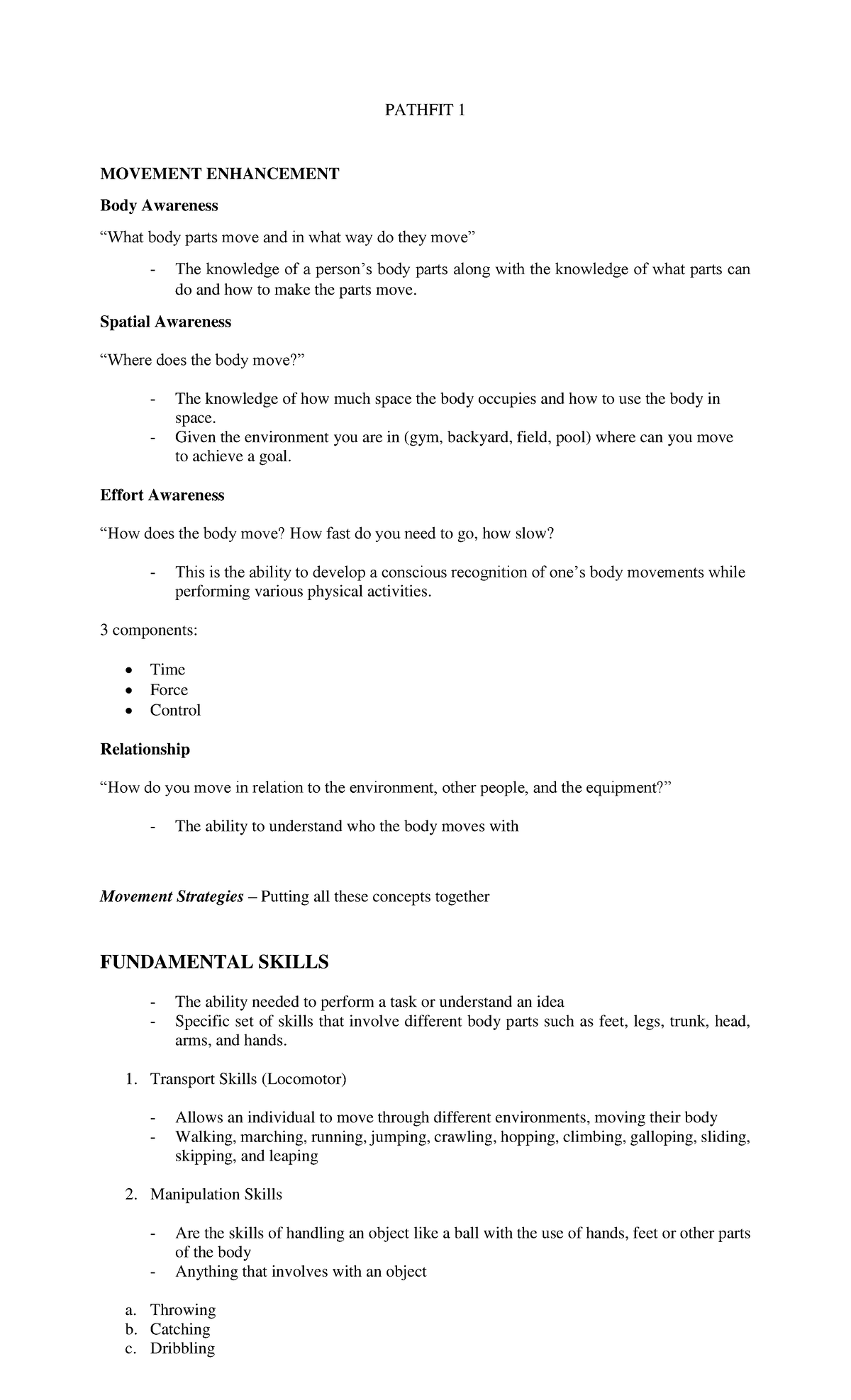 Lecture-notes-Midterm - PATHFIT 1 MOVEMENT ENHANCEMENT Body Awareness ...