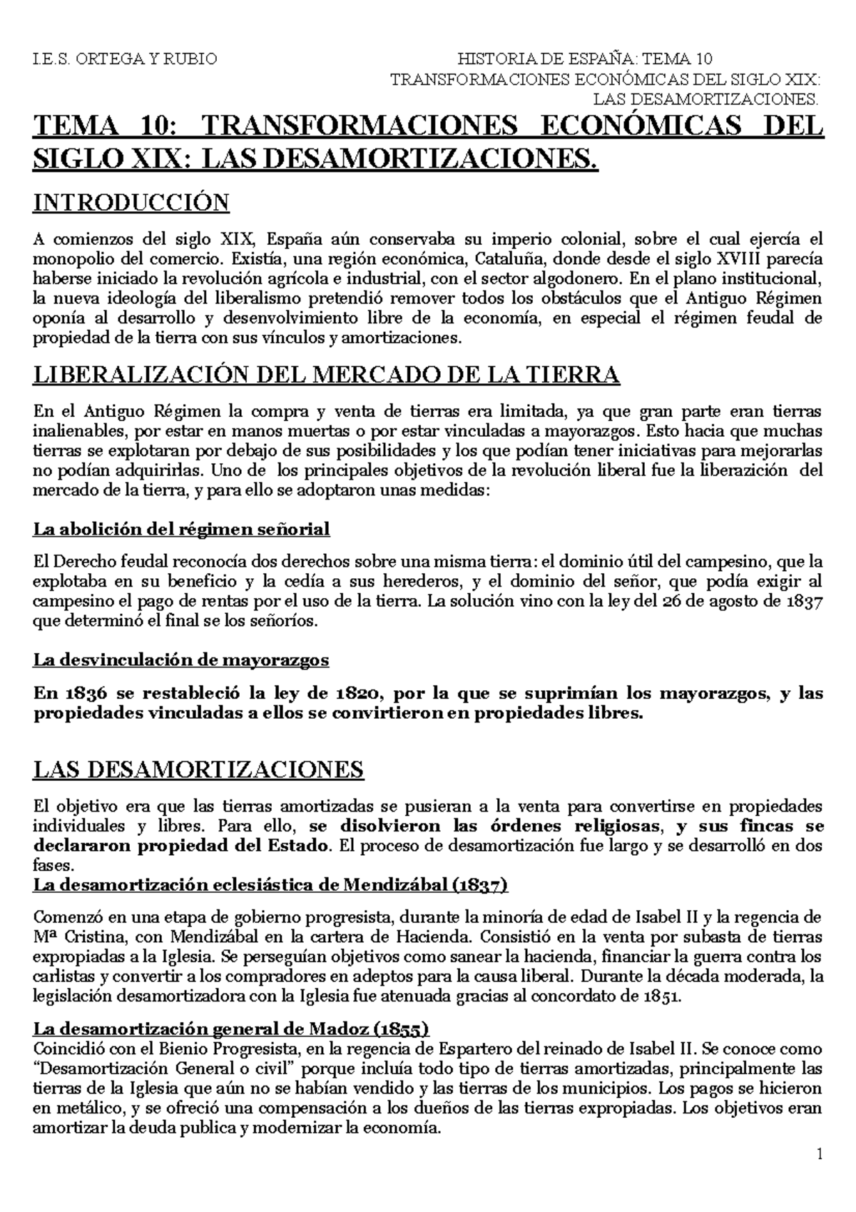 10 Desamortizaciones XIX TEMA - I.E. ORTEGA Y RUBIO HISTORIA DE ESPAÑA: TEMA 10 TRANSFORMACIONES ...