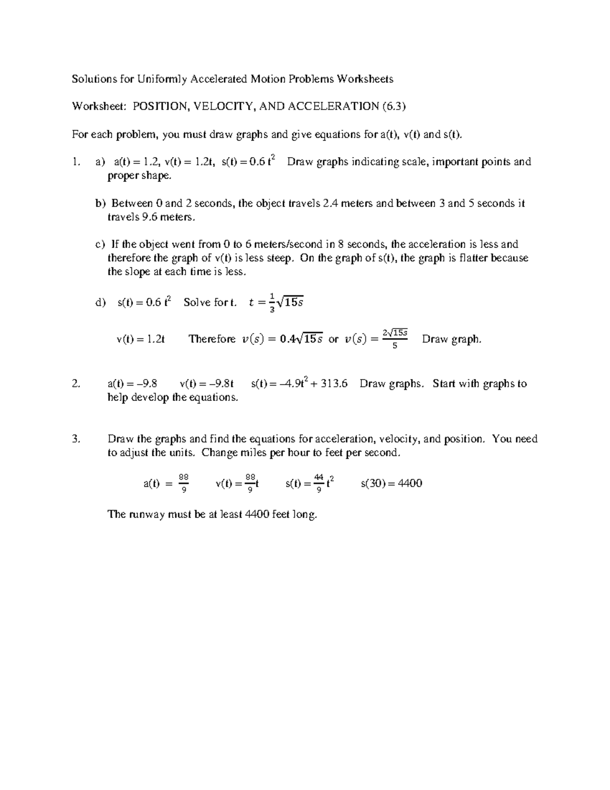 Solutionsfor Uniformly Accelerated Motion Problems Worksheets Ch 6 ...